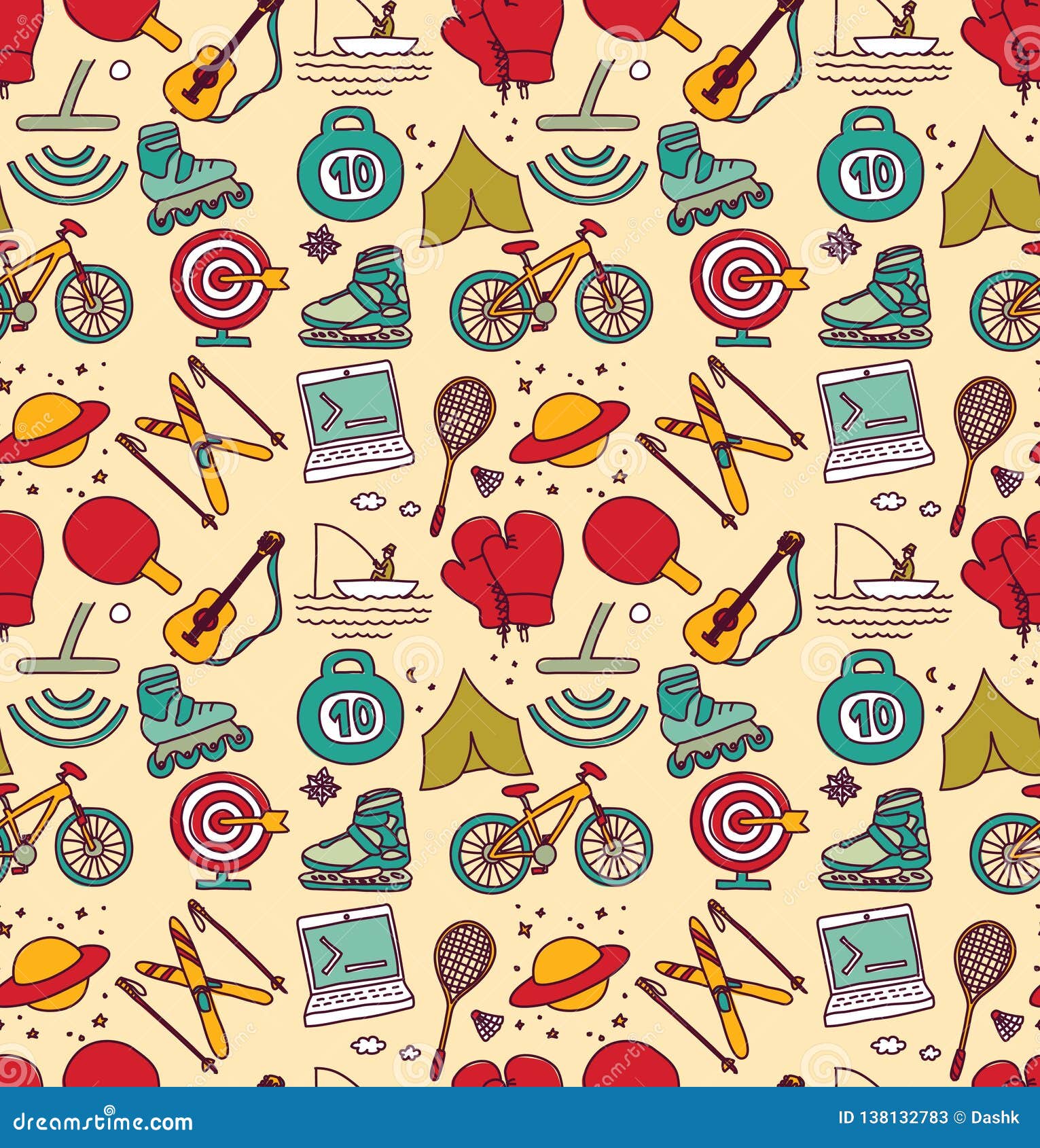 Hobbies Men Objects Sport Tourism Coding Seamless Pattern Stock Vector ...