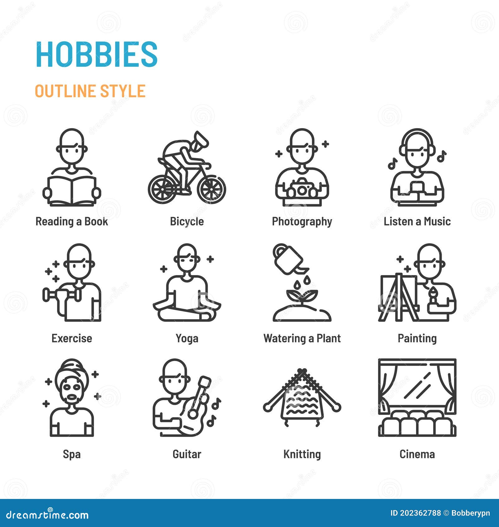 Hobbies In Outline Icon And Symbol Set Vector Illustration ...