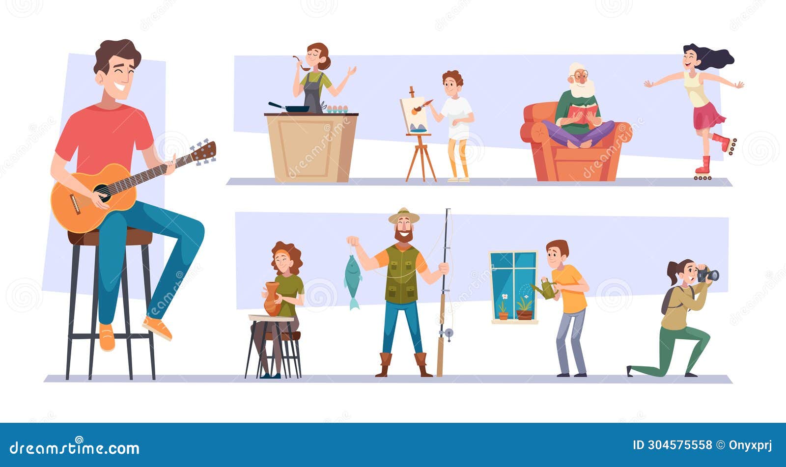 Hobbies. People Reading Drawing Playing Exact Vector Activities ...