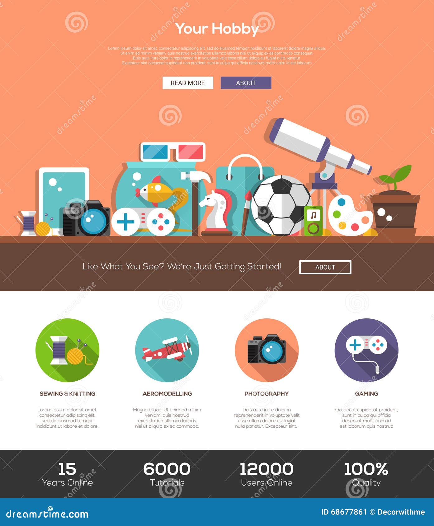 Hobbies Website Template with Header and Icons Stock Vector ...