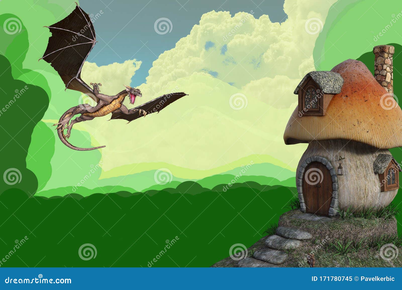 Hobbit House with a Flying Drake Stock Image - Image of firmament ...