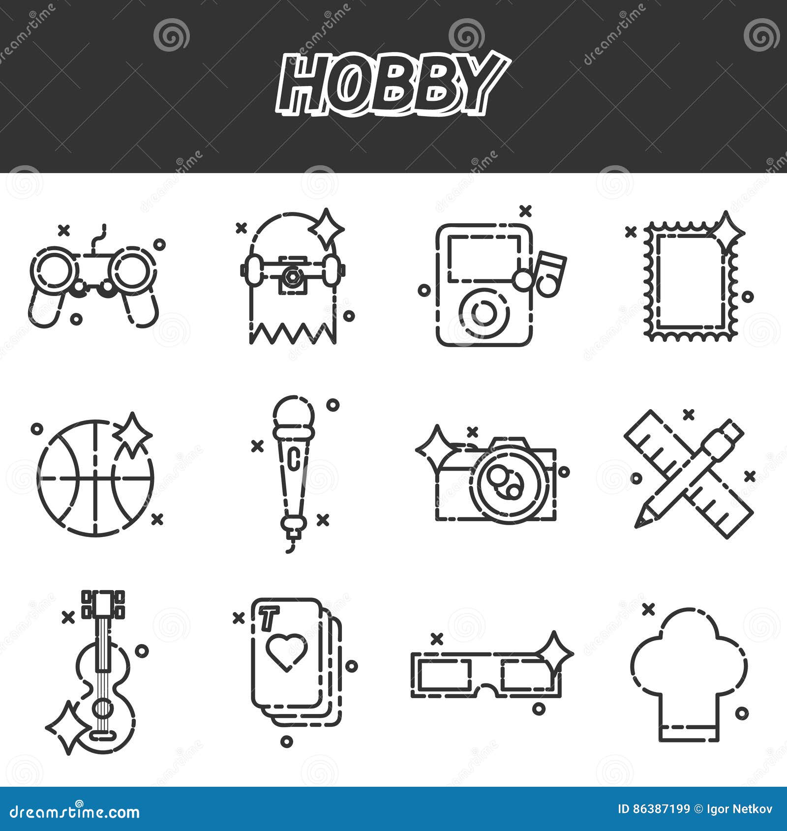 Hobby flat icons set stock vector. Illustration of corner - 86387199
