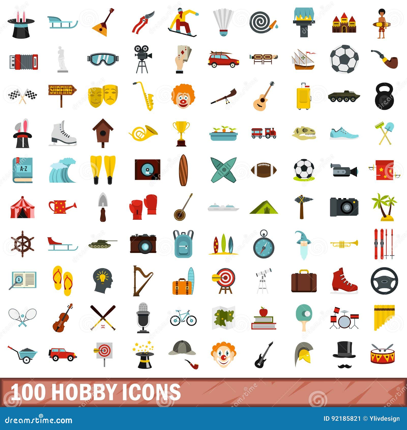 100 Hobby Icons Set, Flat Style Stock Vector - Illustration of play ...