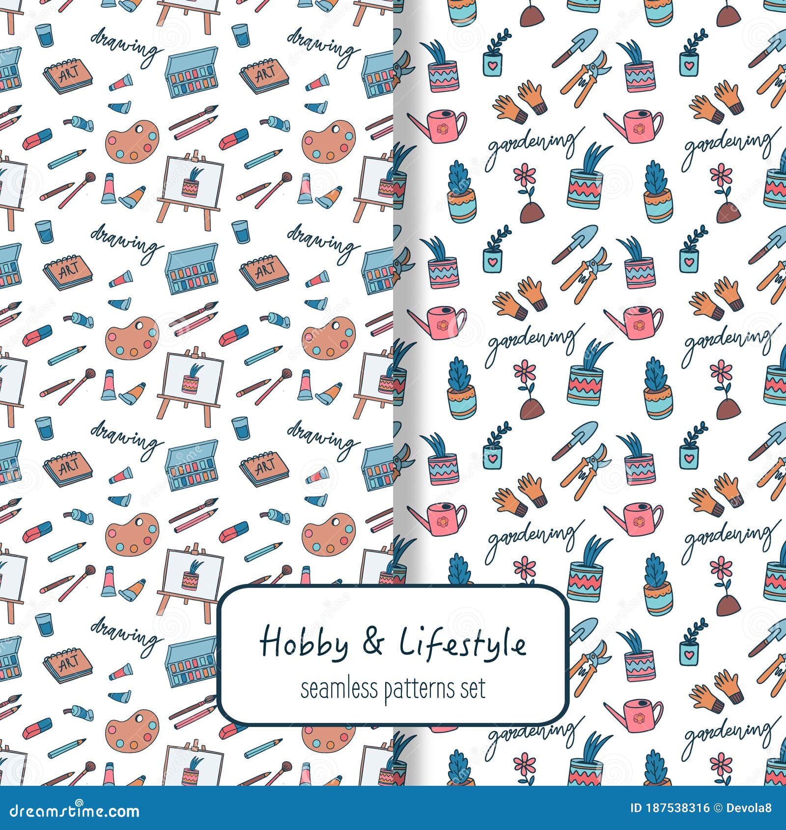 Gardening and Drawing. Hobby Seamless Pattern Set. Stock Vector ...