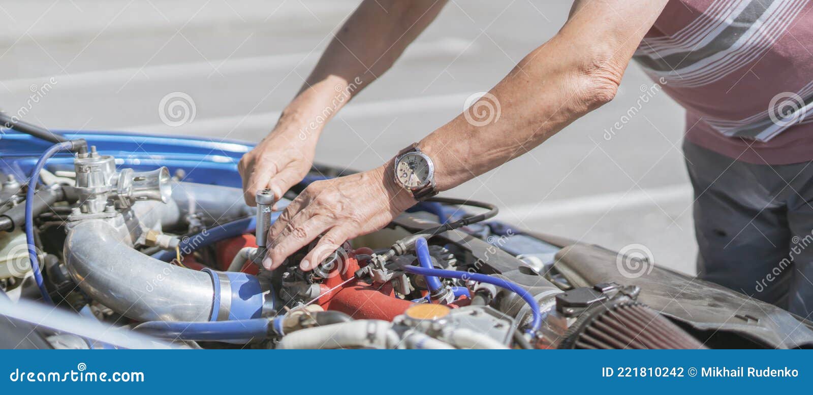 A Hobby of the Senior Man, Old Person Fixing the Car Engine Outdoors ...