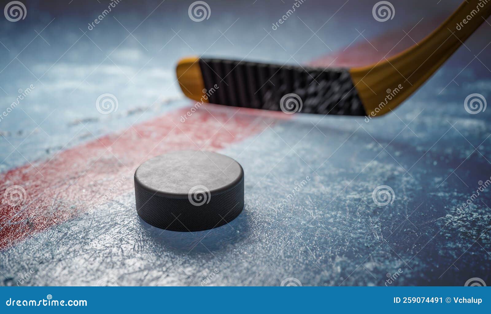 Hockey Puck on Ice at Stadium. 3D Rendered Illustration. Stock ...