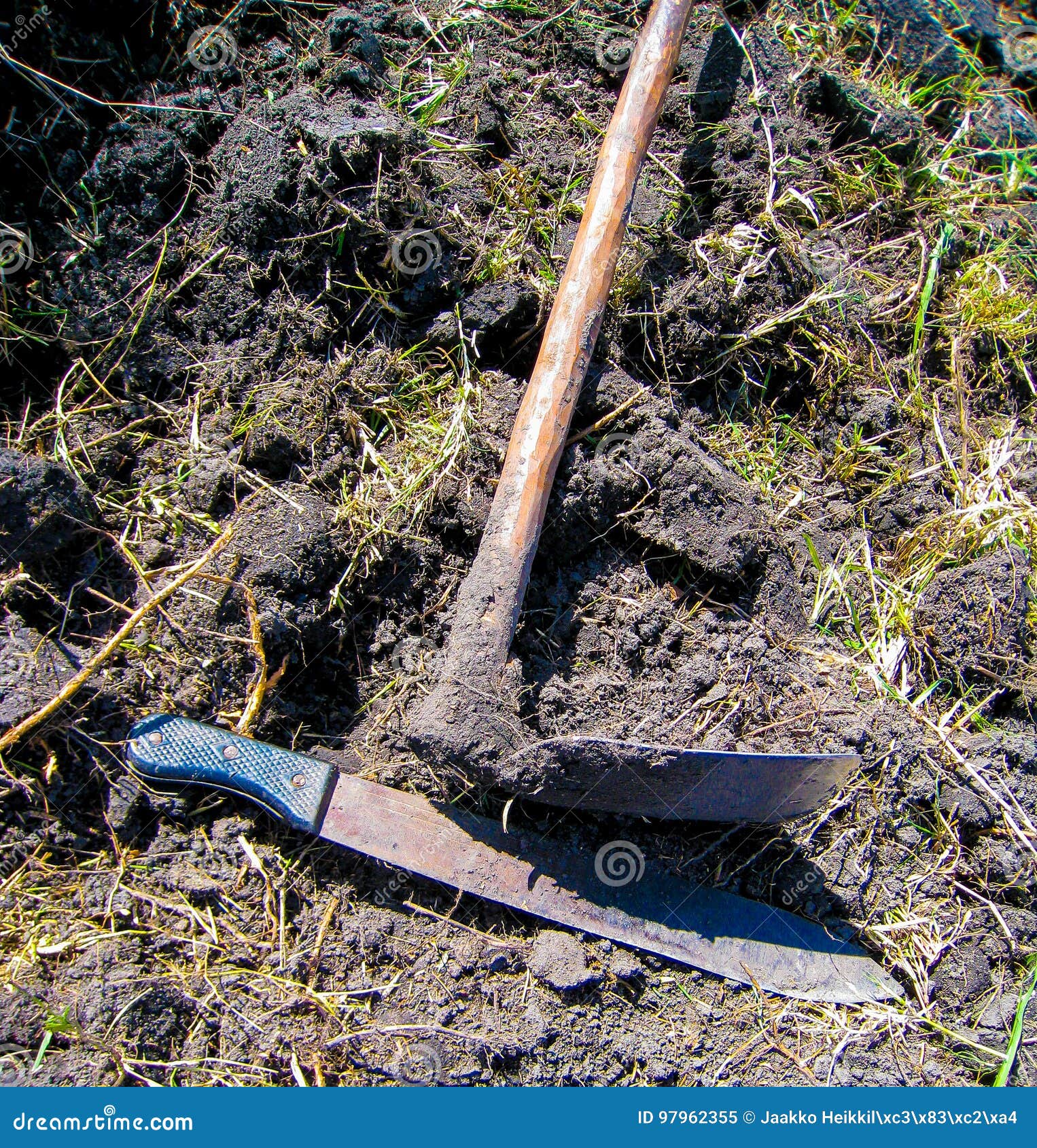 A hoe and a machete stock image. Image of metal, gardening - 97962355