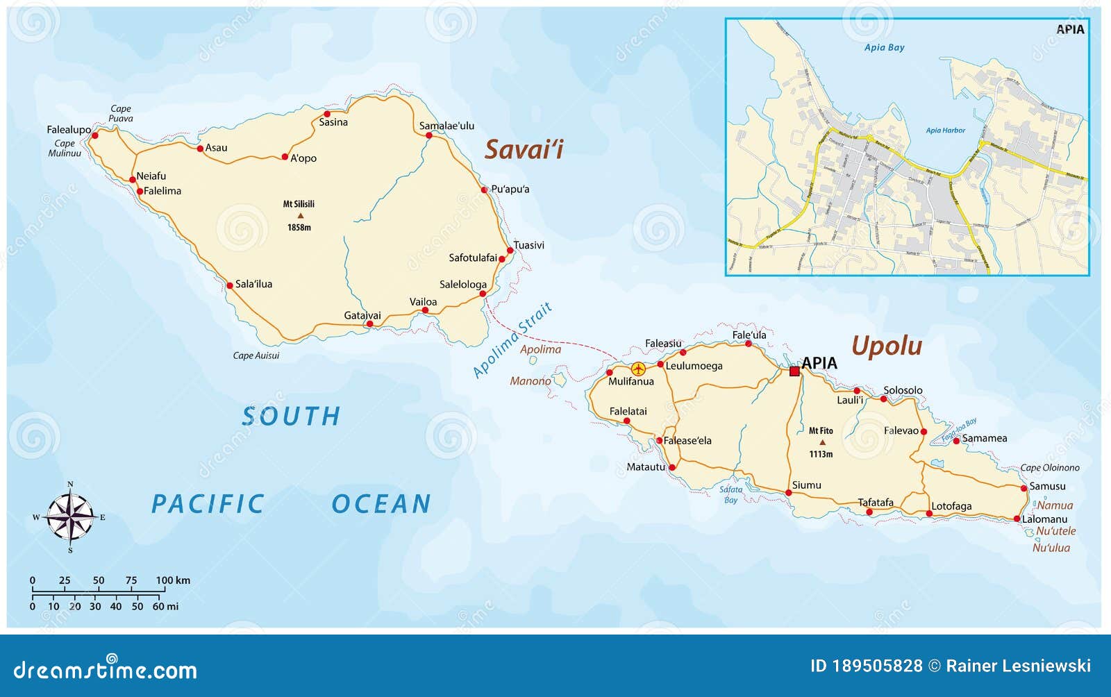 Hoja De Ruta Vectorial De Samoa Con Mapa De La Ciudad Apia Ilustración ...