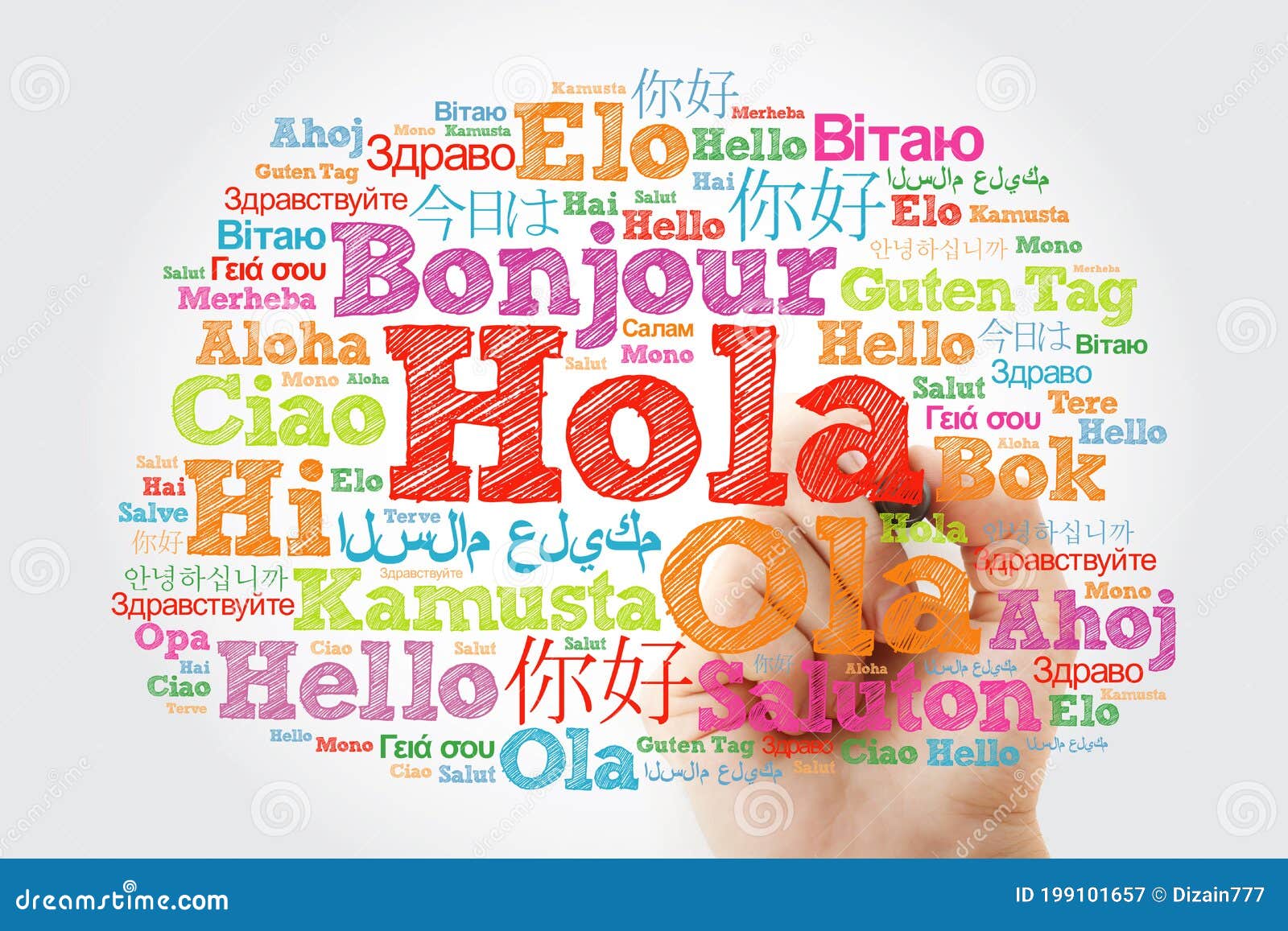 Hola! Hello Greeting in Spanish Word Cloud Stock Illustration ...