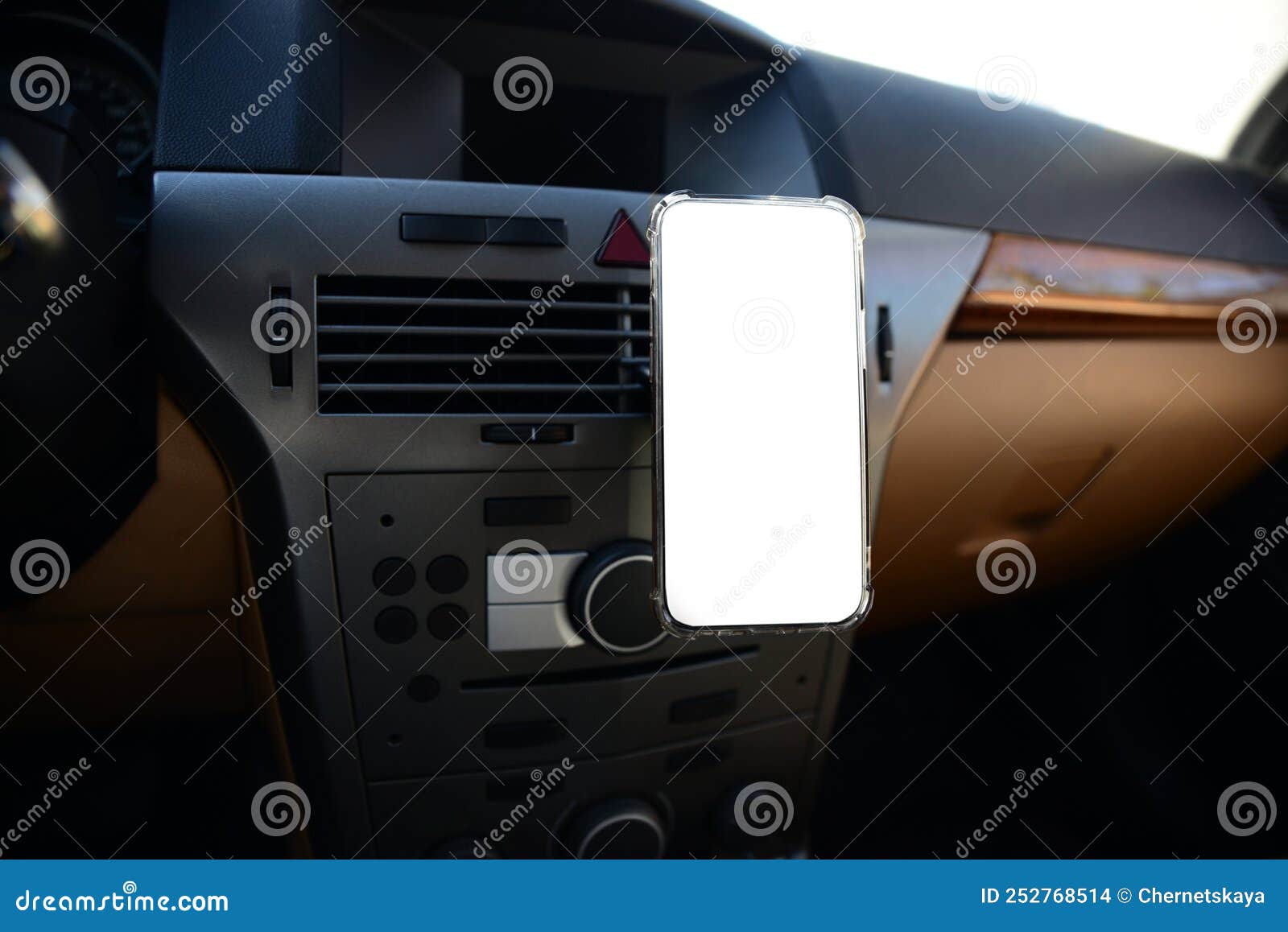 Holder with Modern Mobile Phone in Car. Mockup for Design Stock Photo ...