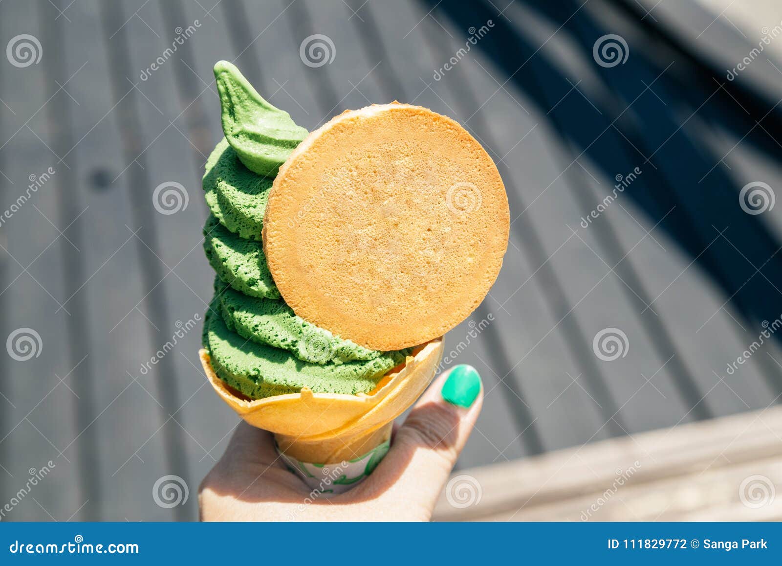 Holding Green Tea Soft Ice Cream Cone in Yufuin, Japan Stock Photo ...