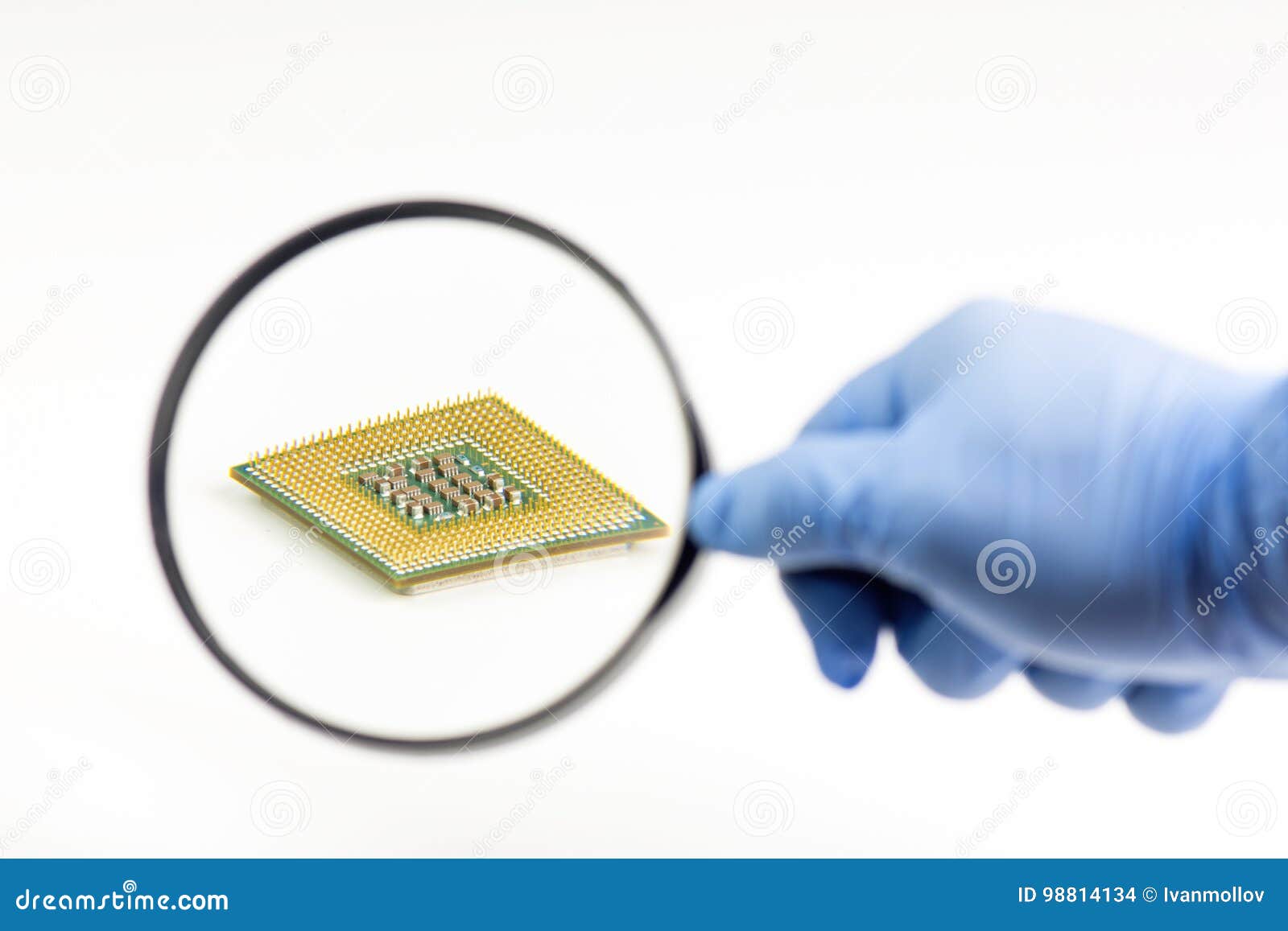 Holding Magnifying Glass in Front of Processor Stock Photo - Image of ...