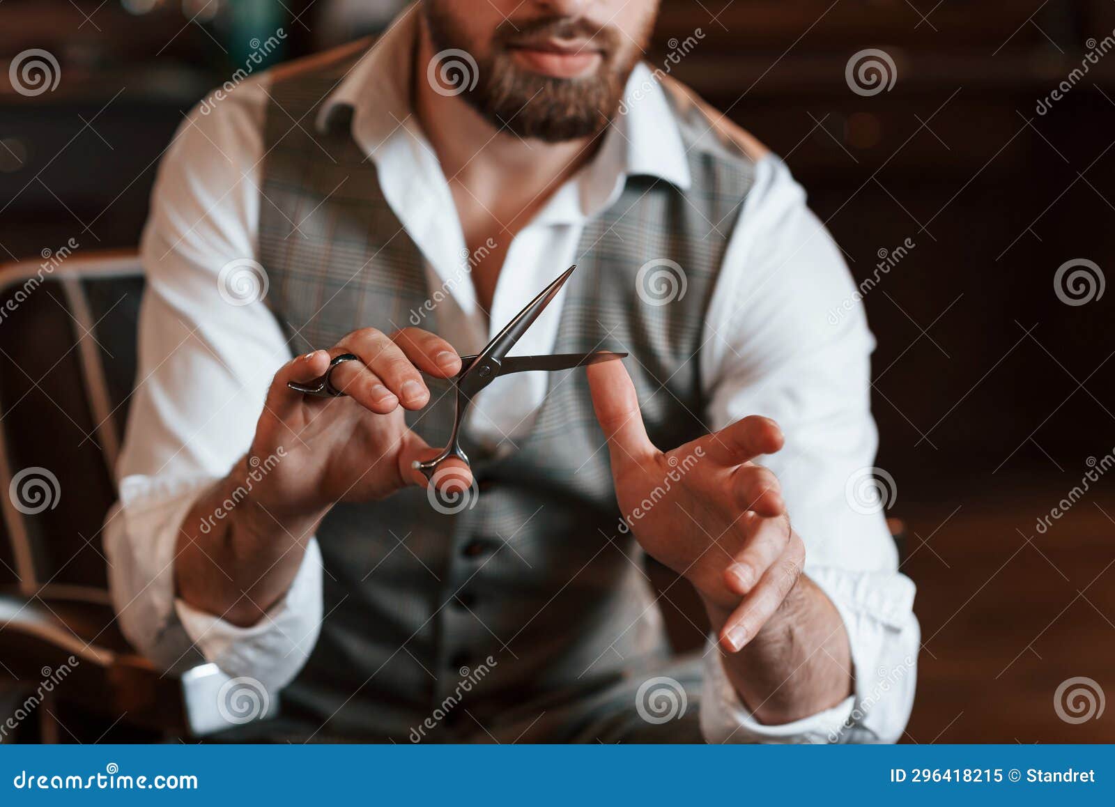 Holding Scissors. Handsome Barber is in the Salon Stock Image - Image ...