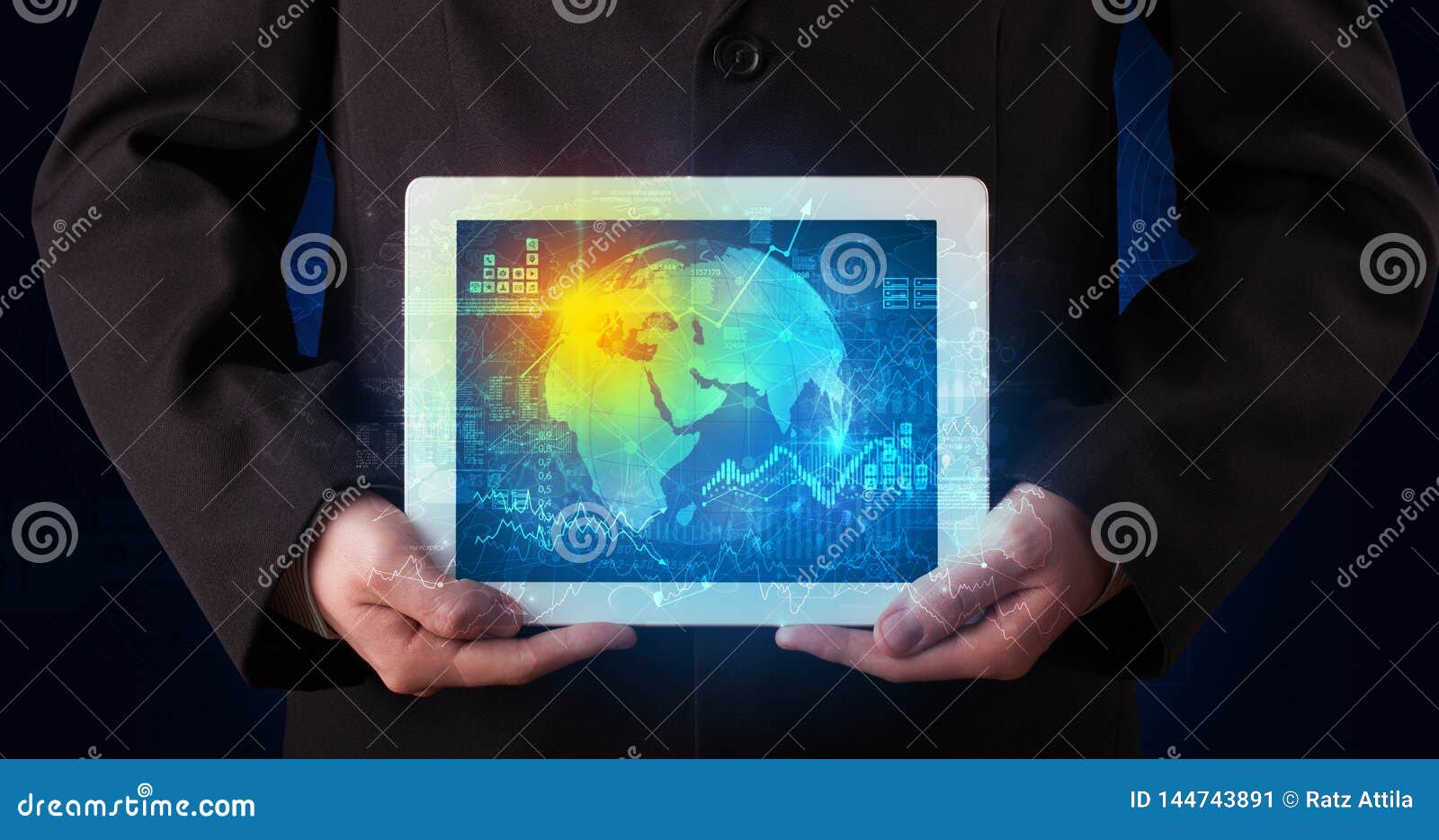 Holding Tablet with Global Database Stock Image - Image of hold ...