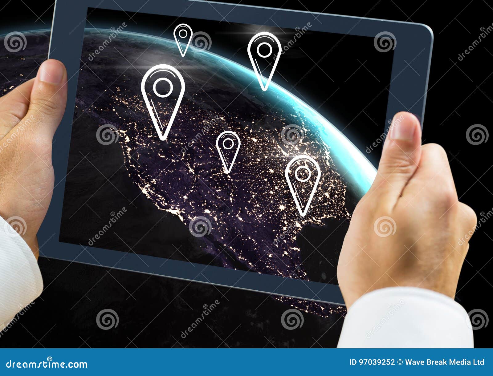 Holding Tablet and Planet Earth with Marker Location Pointers Stock ...