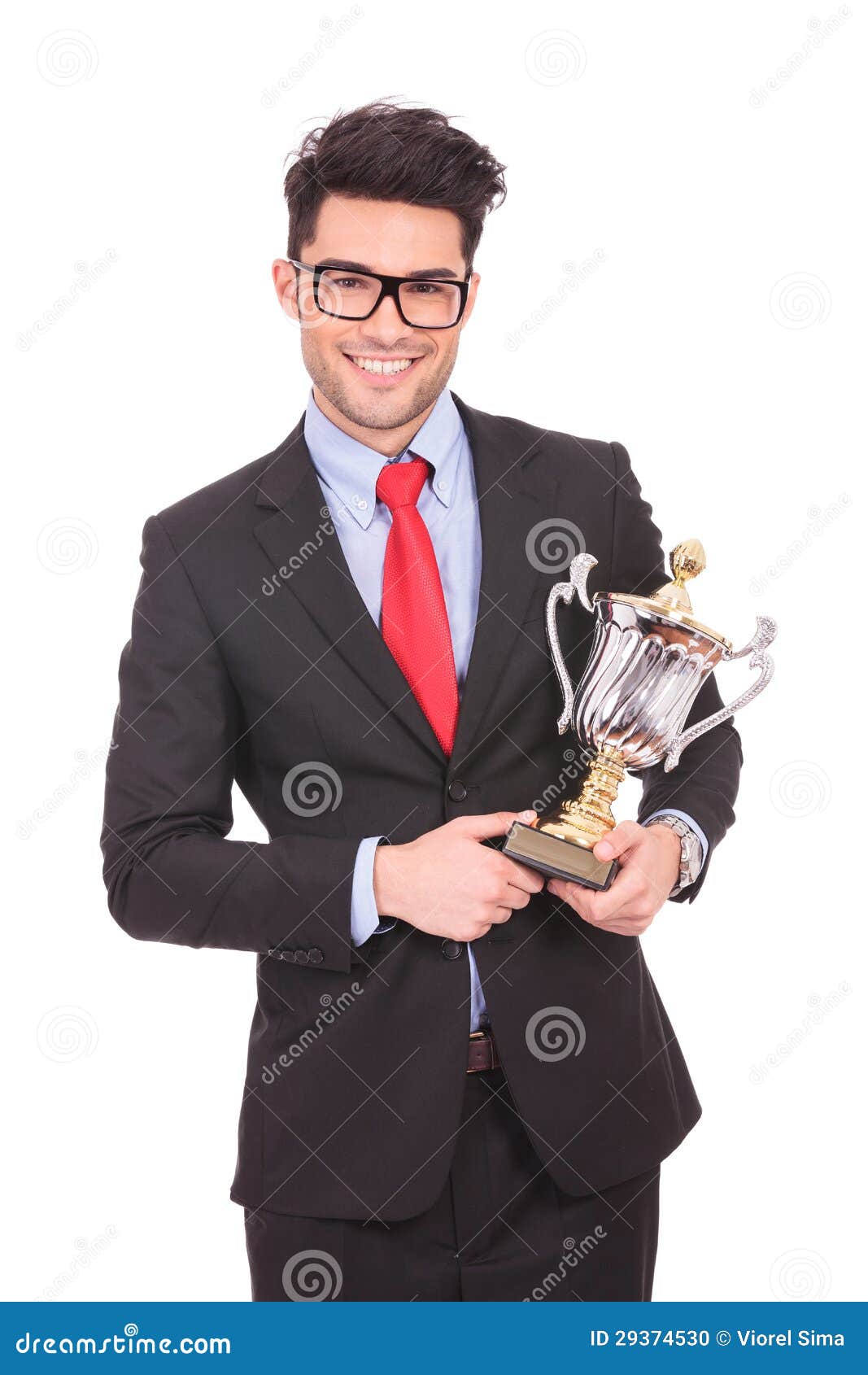 Holding a Trophy and Smiling Stock Photo - Image of cheerful, casual ...