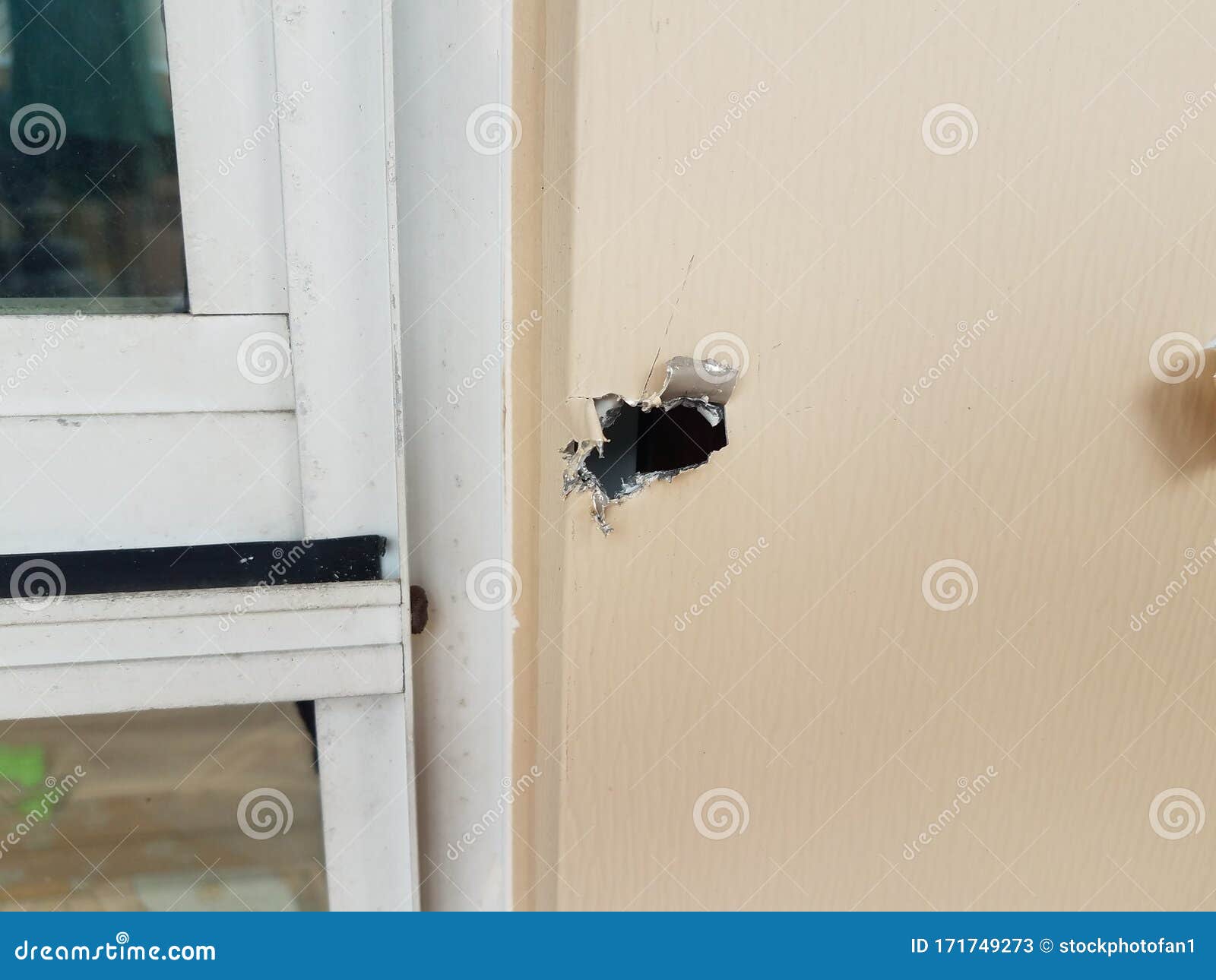 Hole in Damaged Metal Frame of Window on House Stock Image - Image of ...