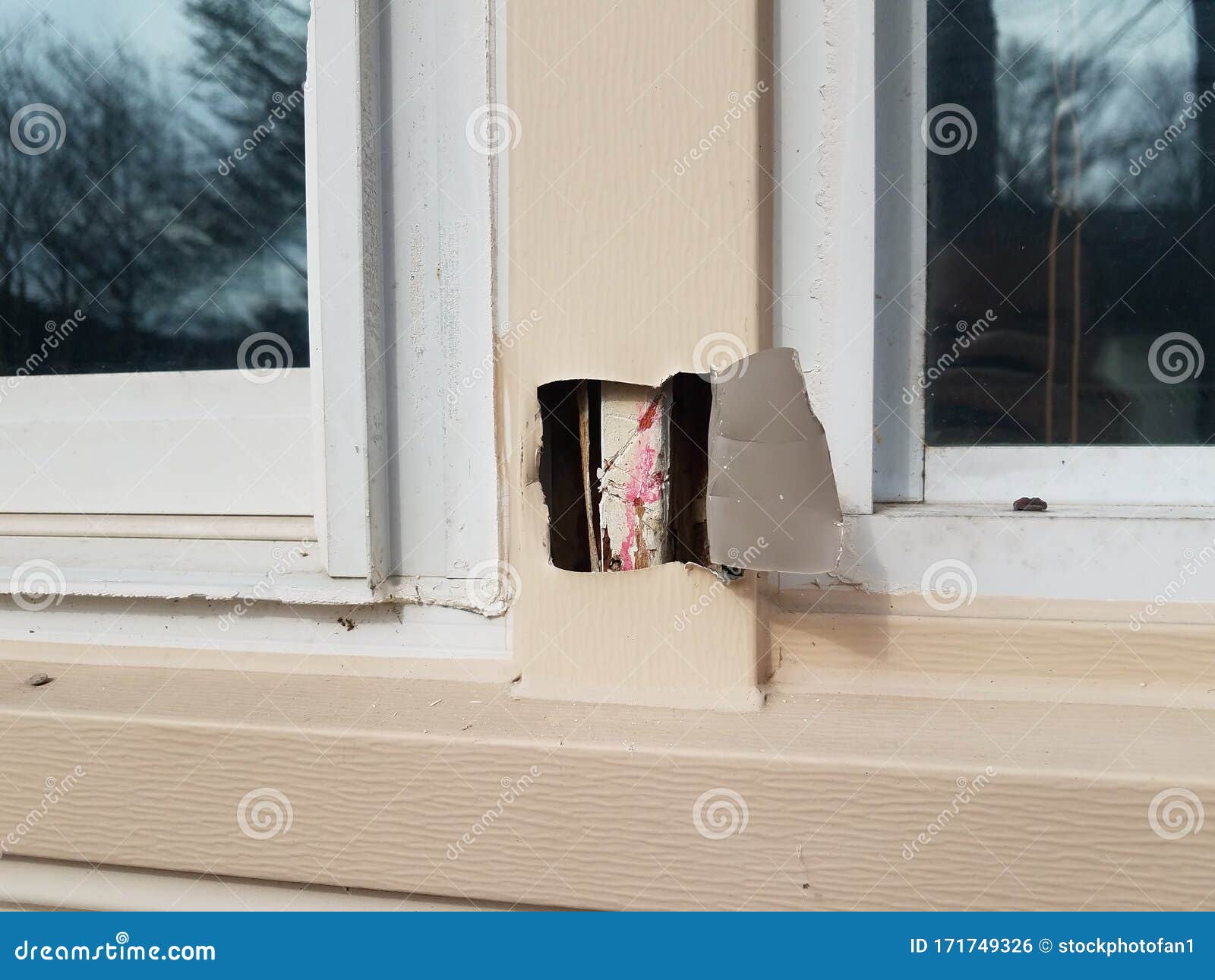 Hole in Damaged Metal Frame of Window on House Stock Photo - Image of ...