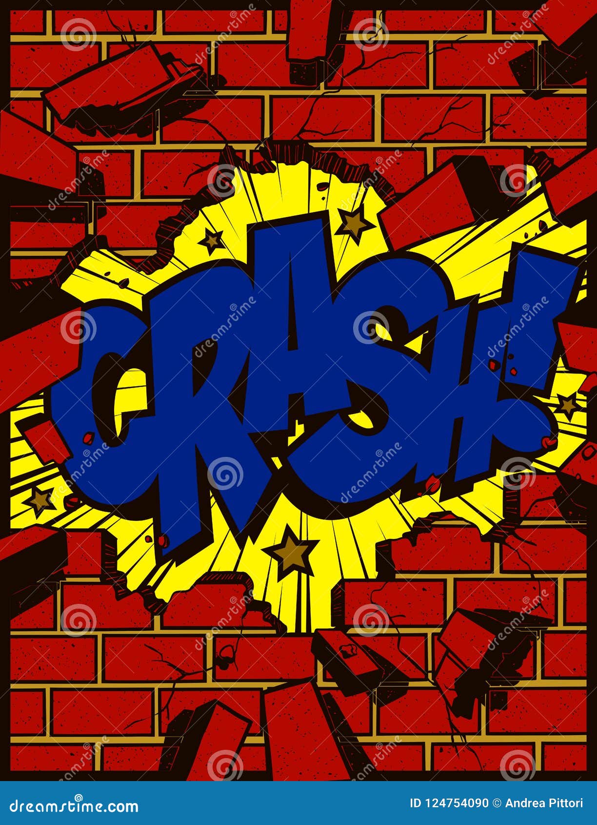 Hole in Exploding Brick Wall with Crash Text Pop Art Comics Style ...