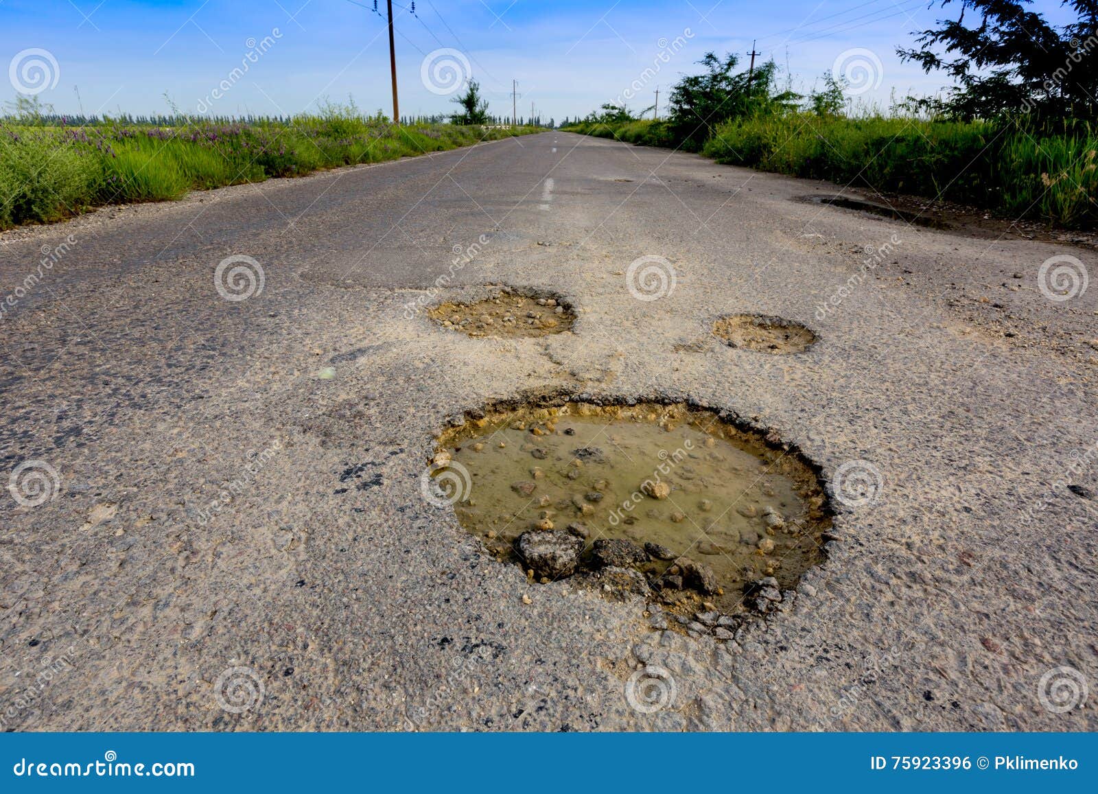 Holes on asphalt road stock photo. Image of puddle, risk - 75923396