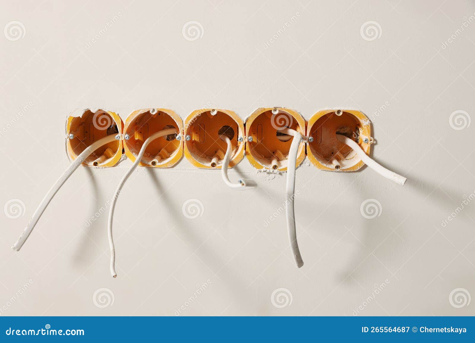 Holes for Socket in White Wall with Cables Indoors. Installation of ...