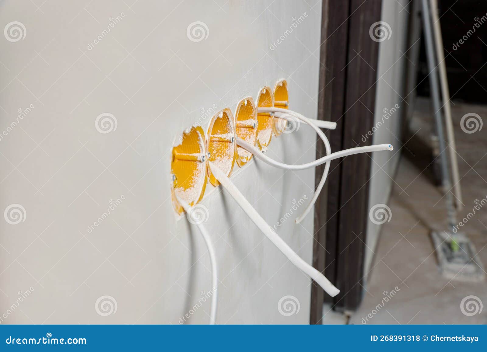Holes for Socket in White Wall with Cables Indoors. Installation of ...