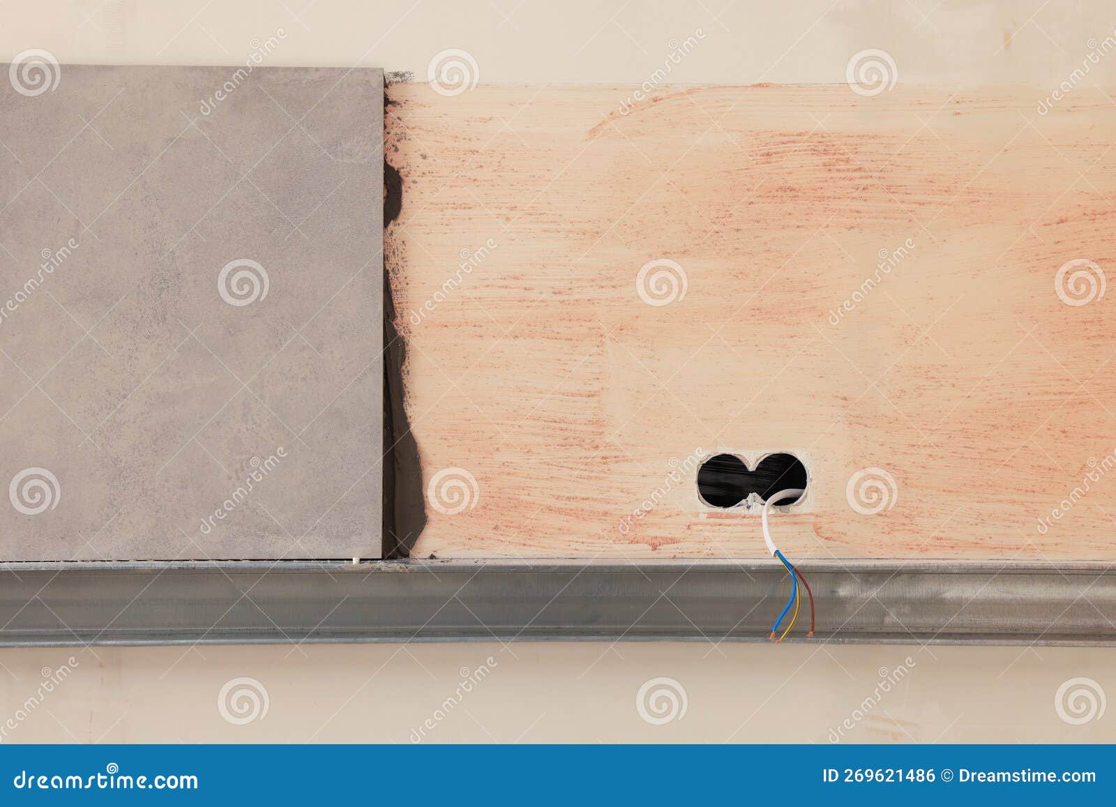Holes for Sockets with Cables on Wall. Tiles Installation Process Stock ...