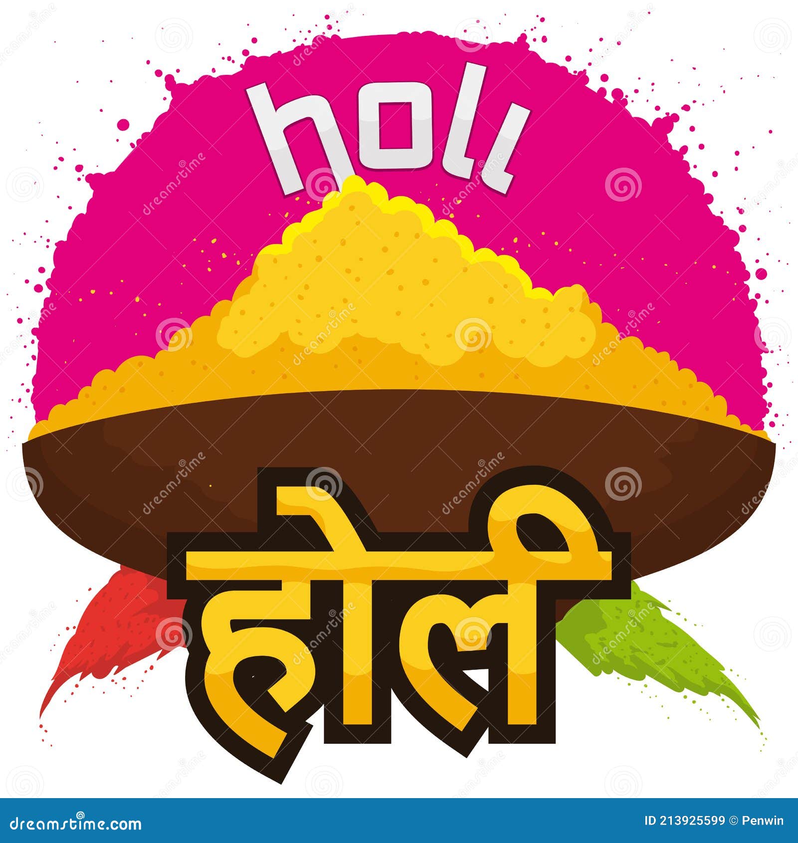 Bowl with Yellow Powder and Signs Ready for Holi, Vector Illustration ...