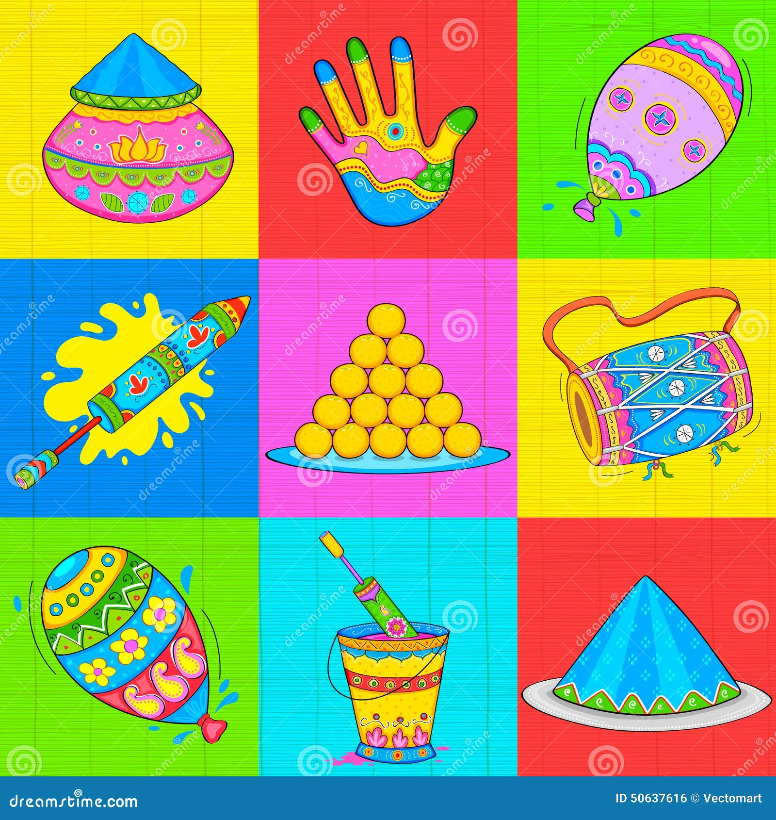 Indian Kitsch Art Style Background With Lotus Cartoon Vector ...