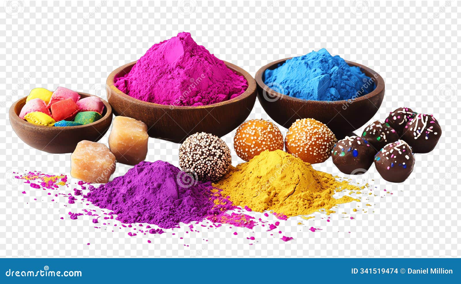 Holi Elements Set with Colorful Powder and Traditional Holi Sweets ...
