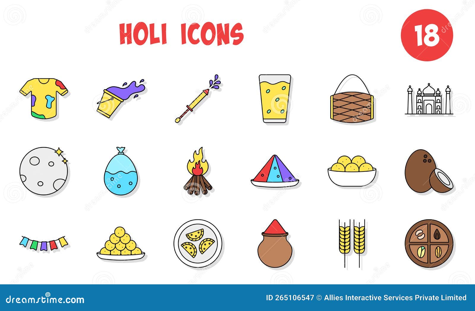 18 Holi Festival Icon Set in Flat Stock Illustration - Illustration of ...