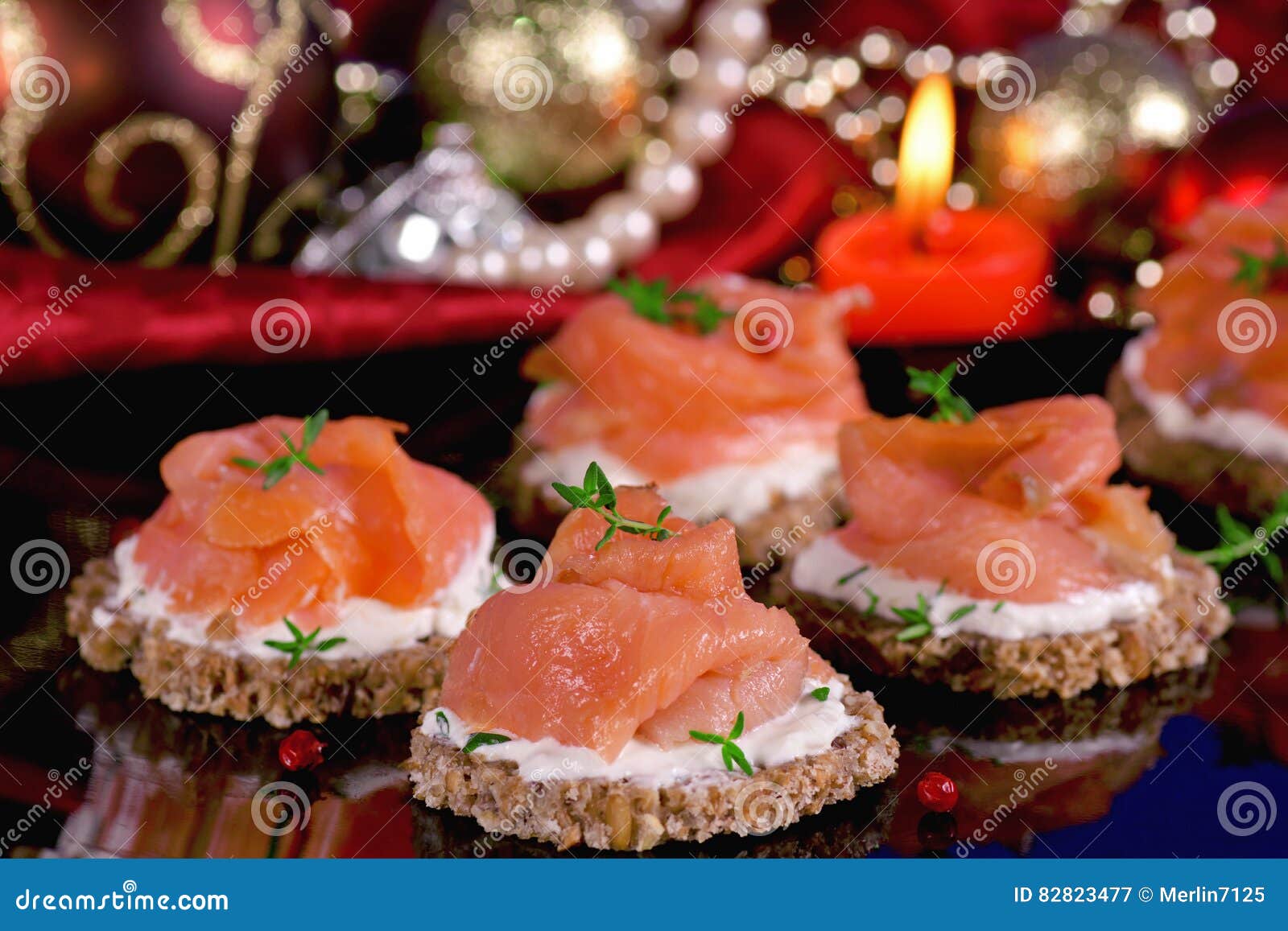 Holiday Appetizer with Salmon Canapes Stock Image - Image of christmas ...