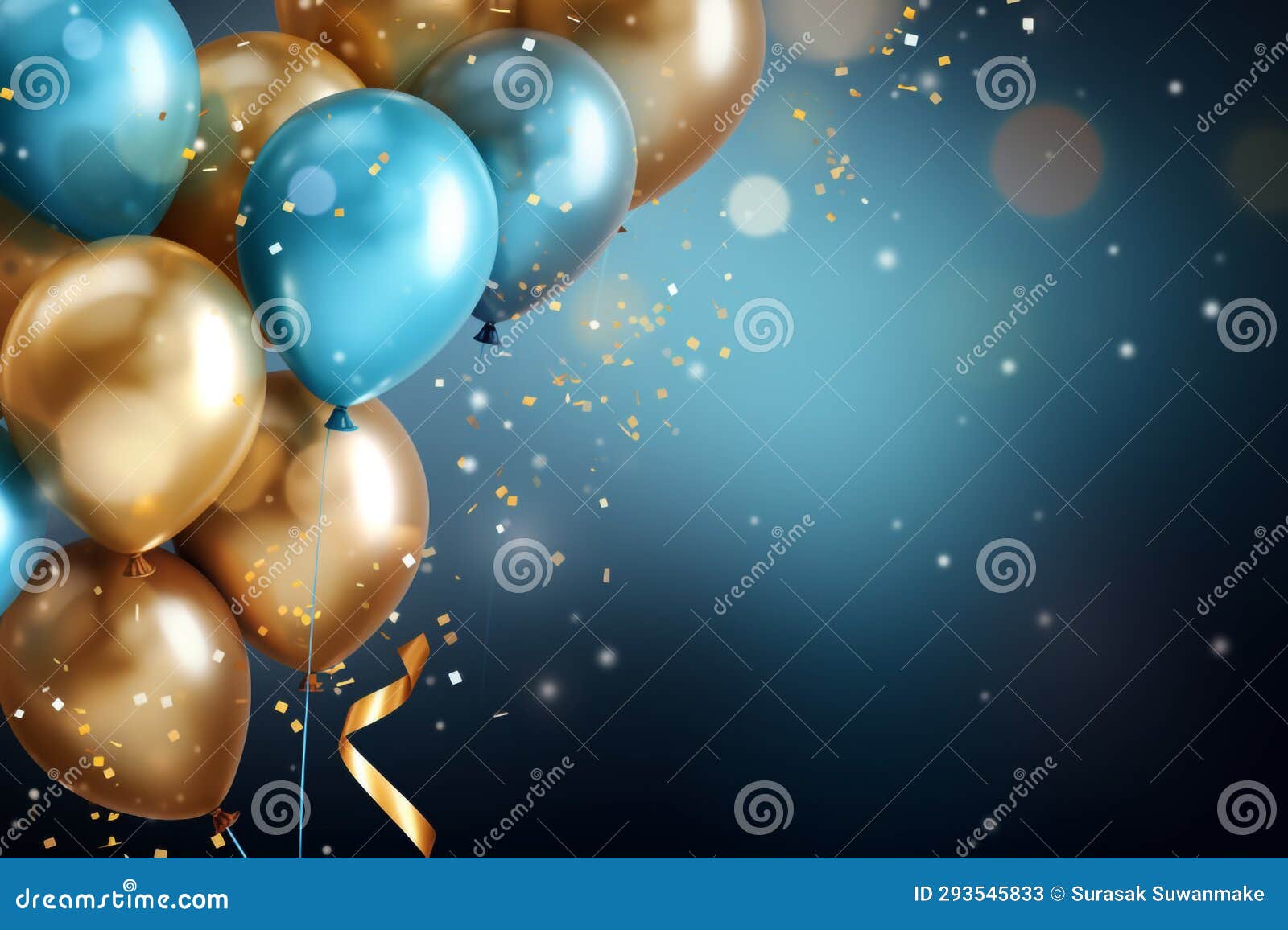 Holiday Background With Gold And Blue Balloons Rainbow Confetti And