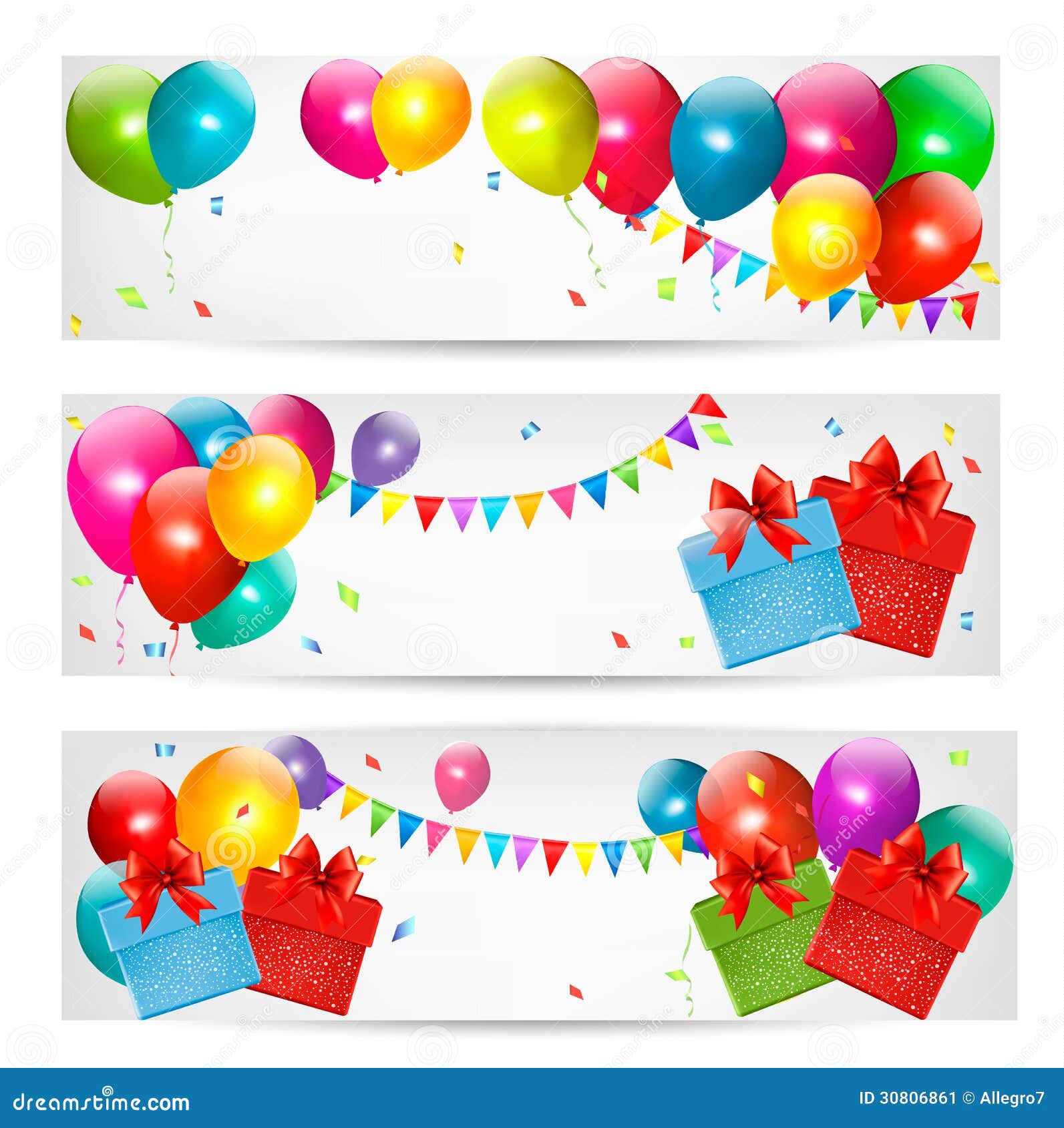 Holiday Banners with Colorful Balloons and Gift Bo Stock Vector ...