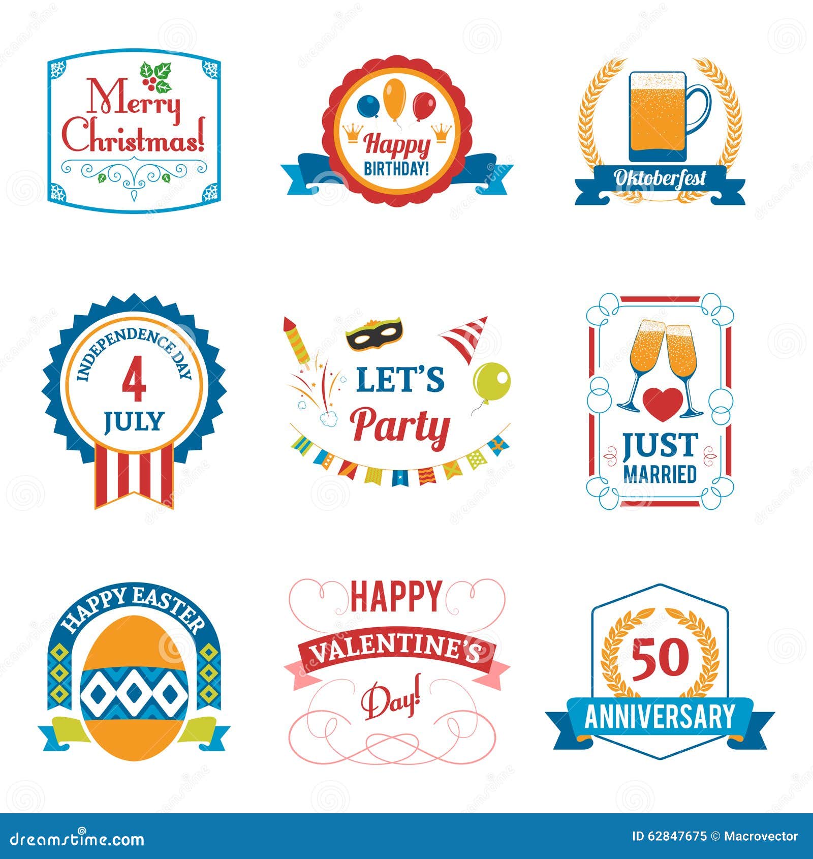 Holiday Celebration Emblems Set Stock Vector - Illustration of happy ...