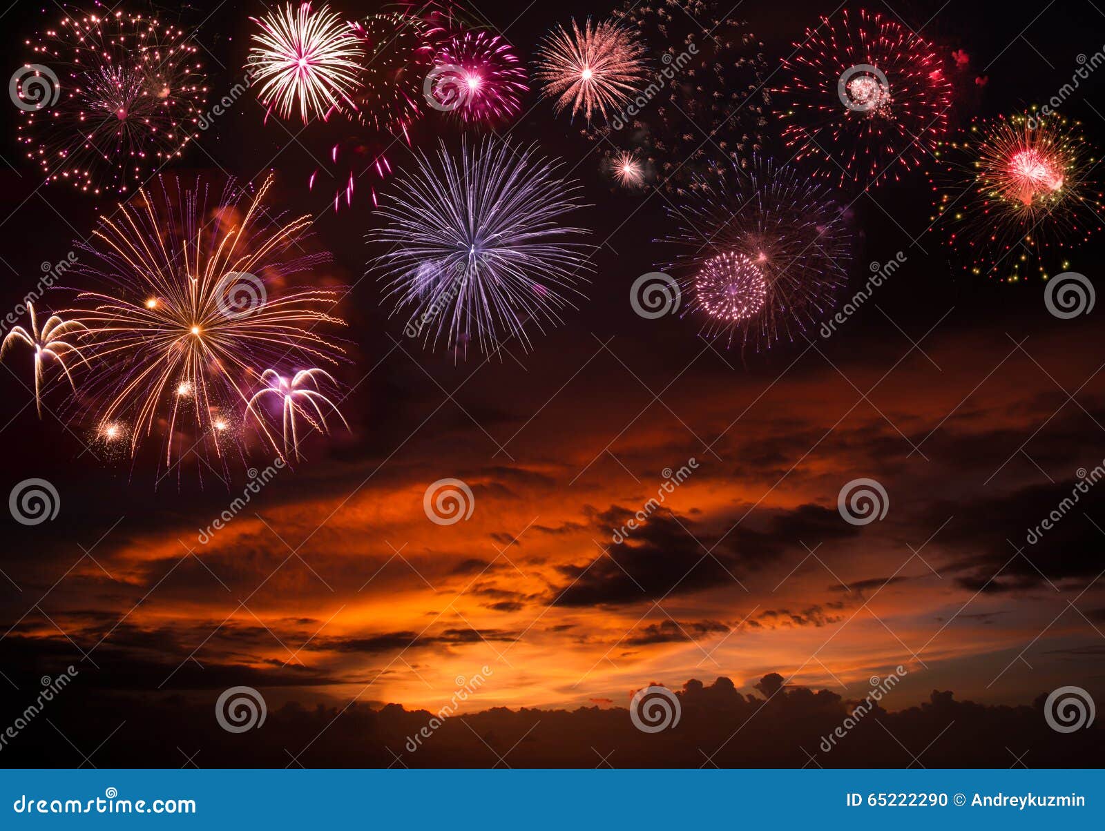 Holiday Fireworks in Sunset Sky Stock Photo - Image of festival ...