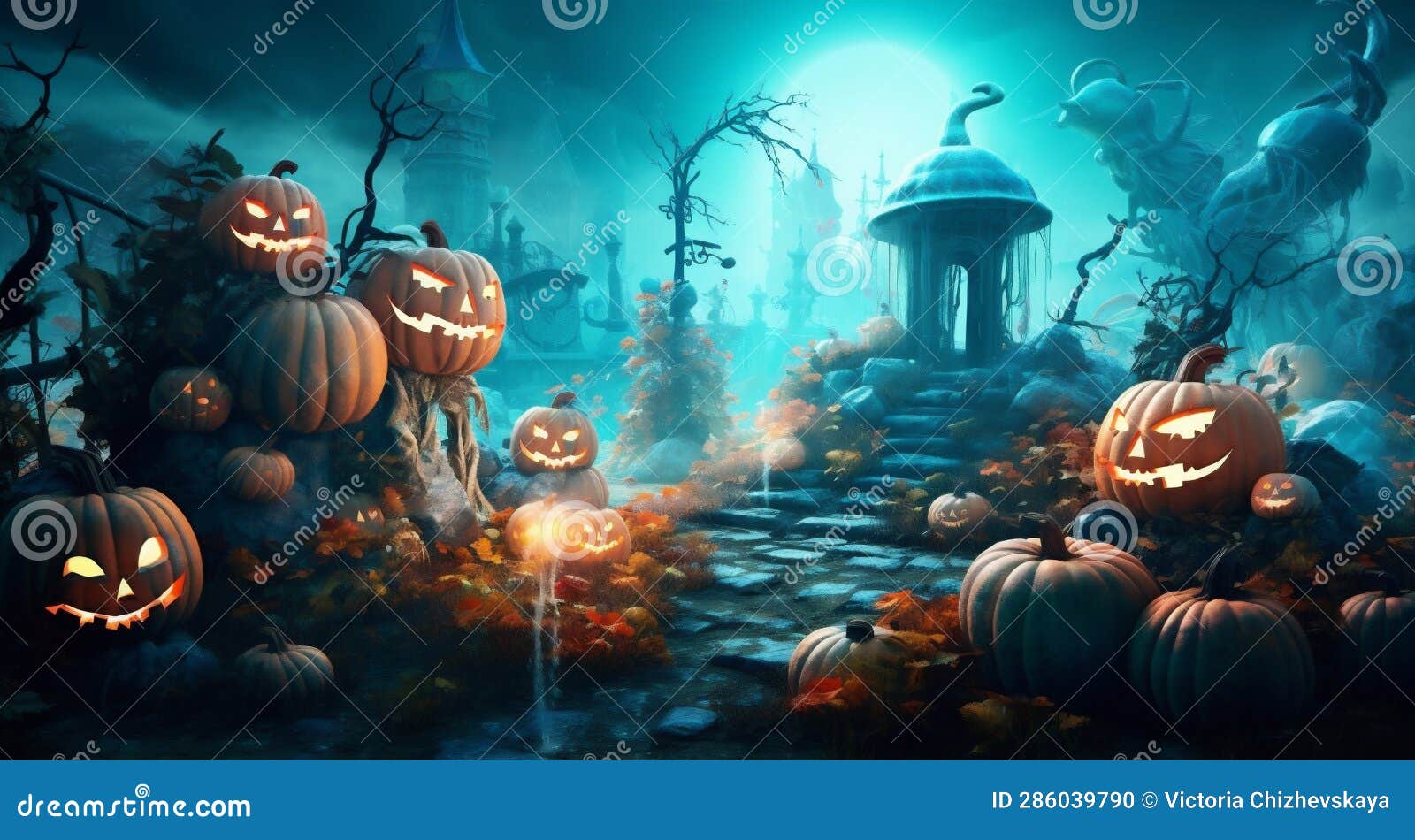 Night Cemetery Grave Bat Dark Holiday Horror Halloween Pumpkin Moon