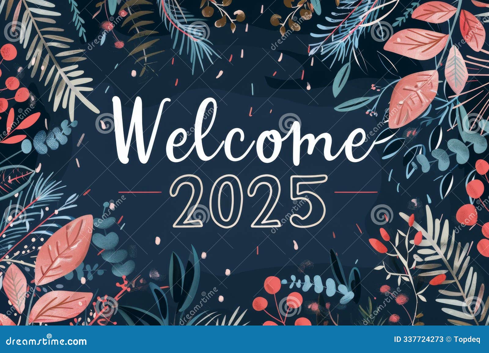 Holiday New Year Welcome 2025 Text with Floral Elements on Dark ...