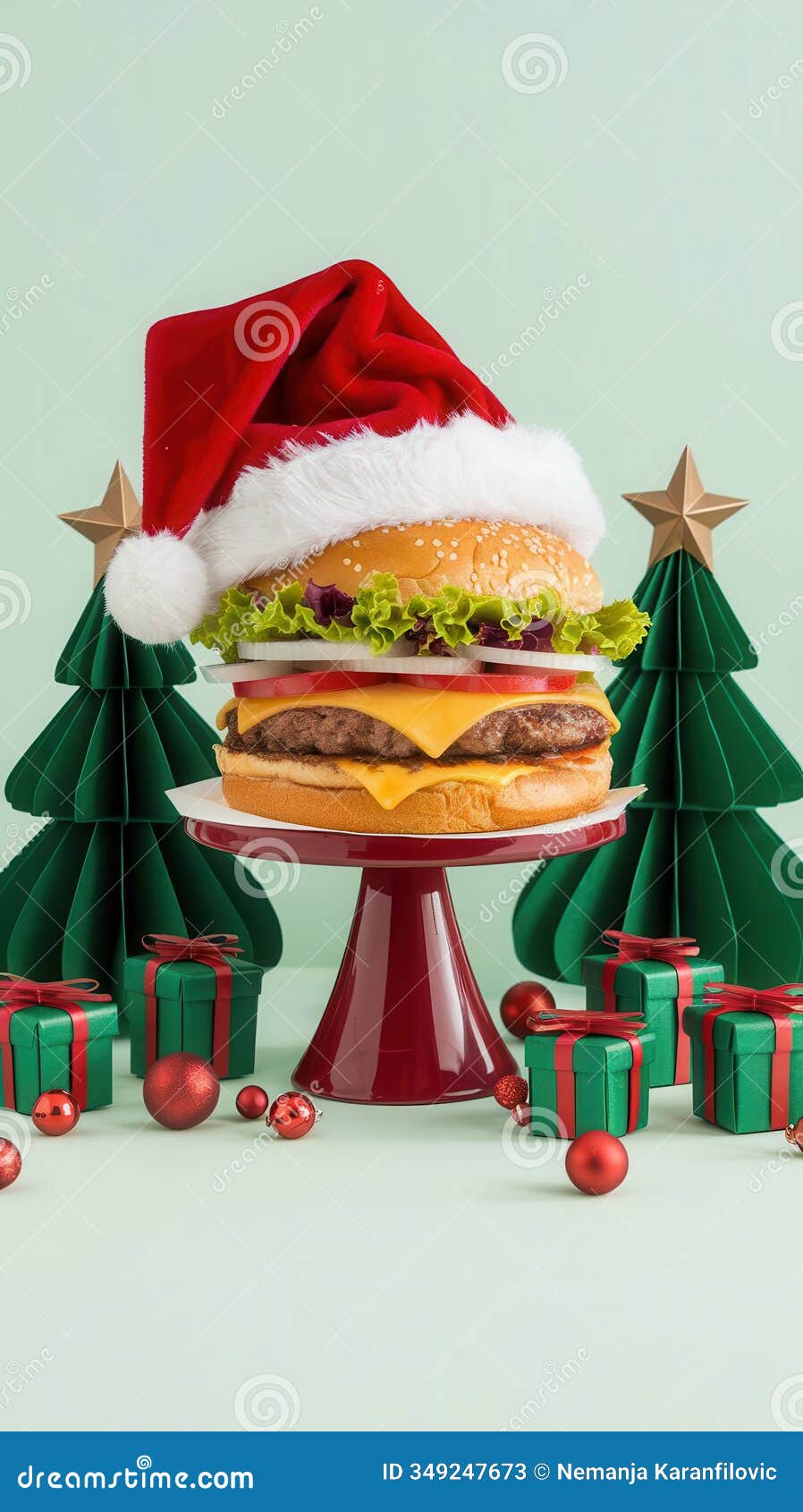 Holiday-themed Burger with Santa Hat and Decorations Stock Illustration ...