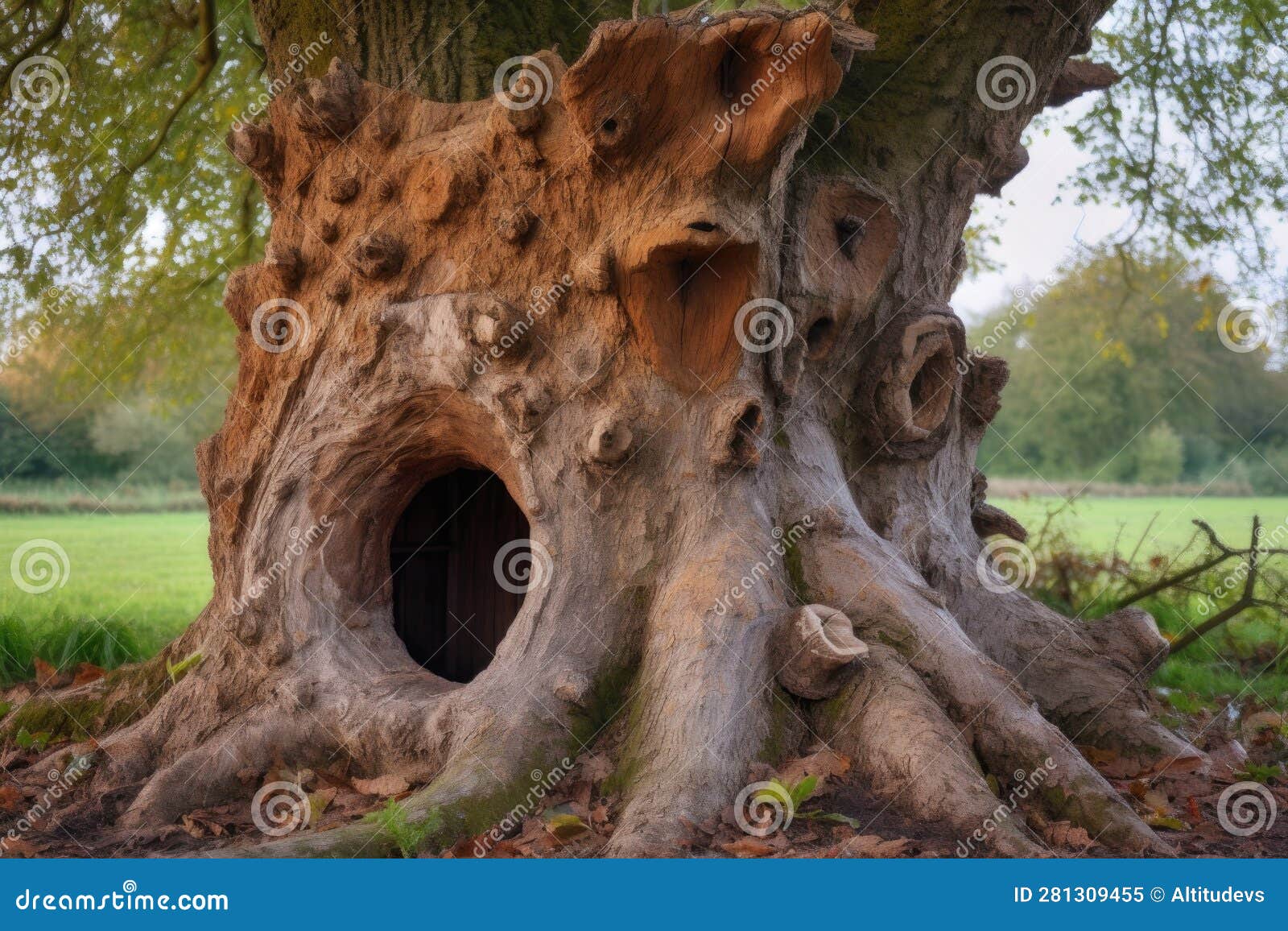 Hollow Oak Tree Trunk, Home for Wildlife Stock Illustration - Illustration of nature, habitat ...