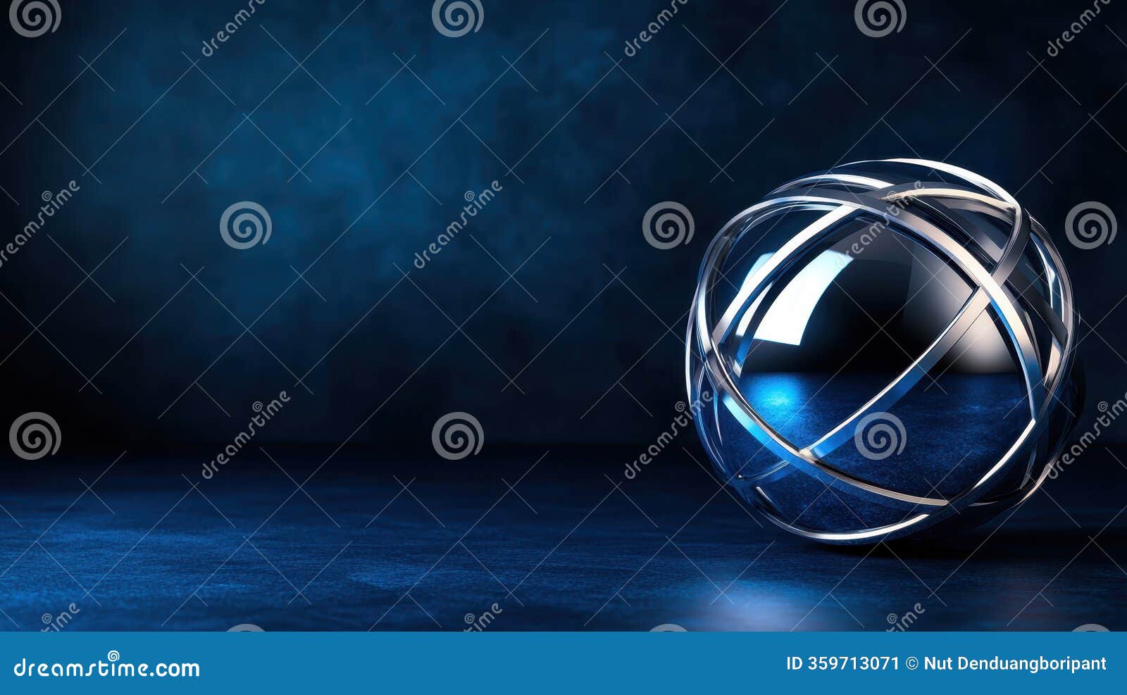 Hollow Sphere with Thin Intersecting Rings on Dark Blue Background ...