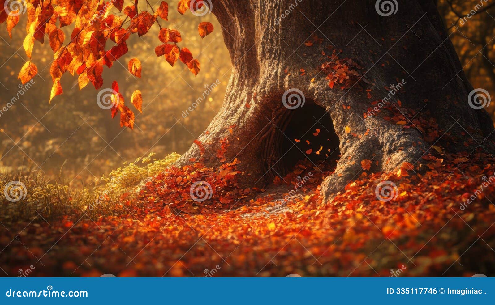 A Hollow Tree Base with Fall Leaves and a Dark Opening Stock ...