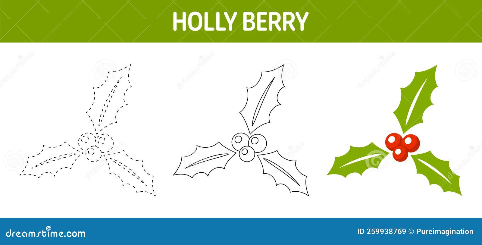 Holly Berry Tracing and Coloring Worksheet for Kids Stock Vector ...