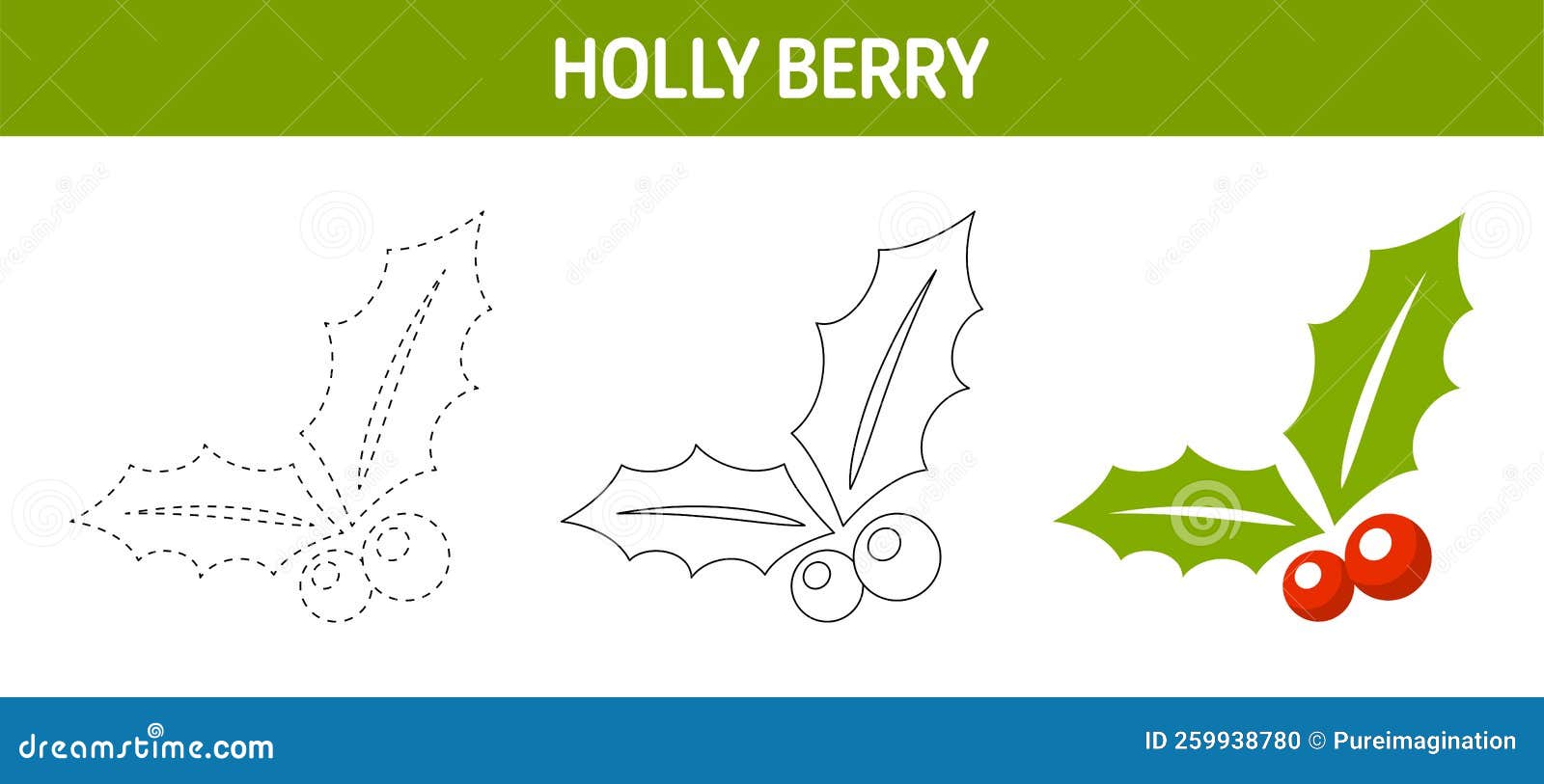 Holly Berry Tracing and Coloring Worksheet for Kids Stock Vector ...