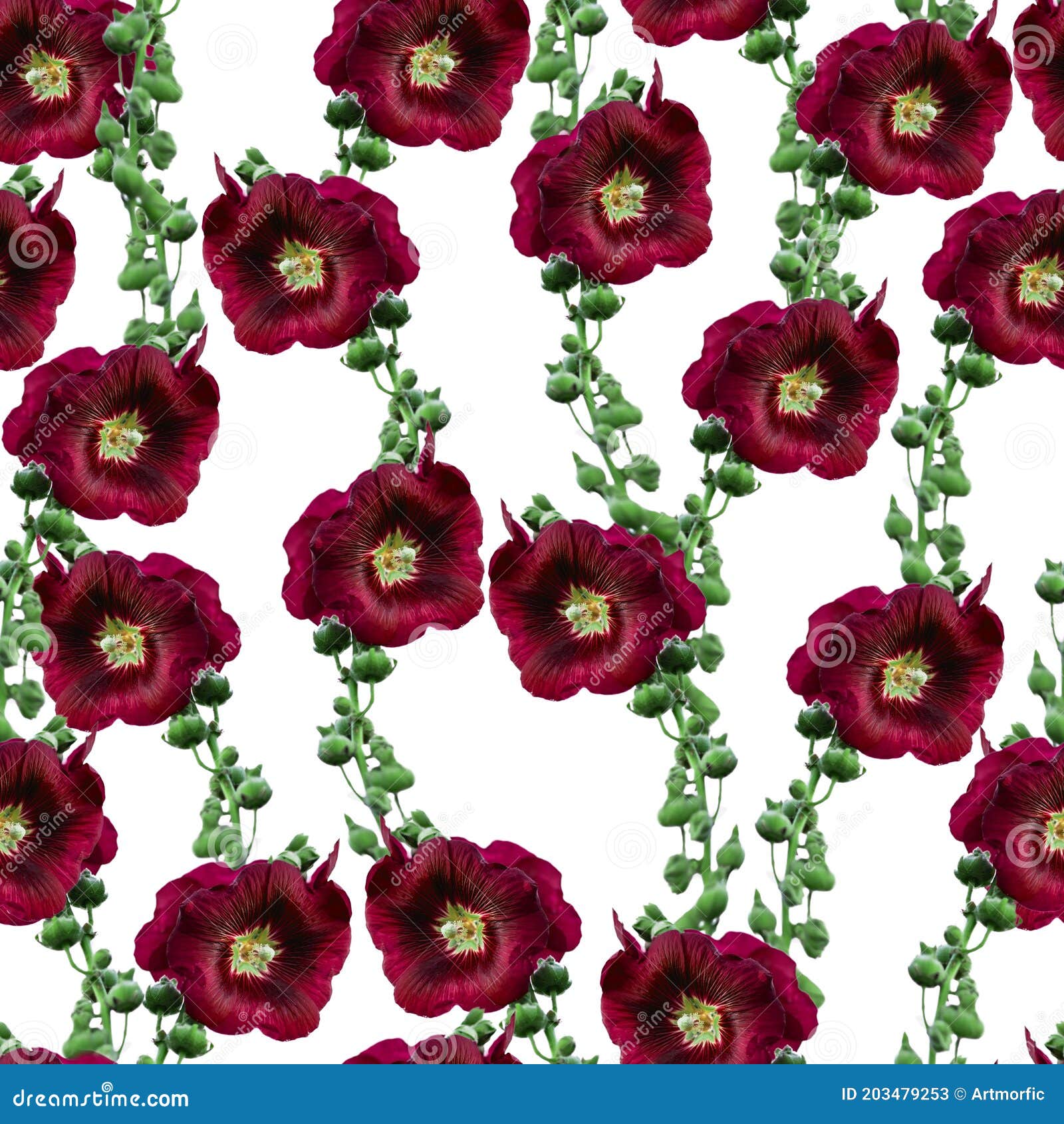 Hollyhock Maroon Flowers with Stems Seamless Pattern Stock Image ...