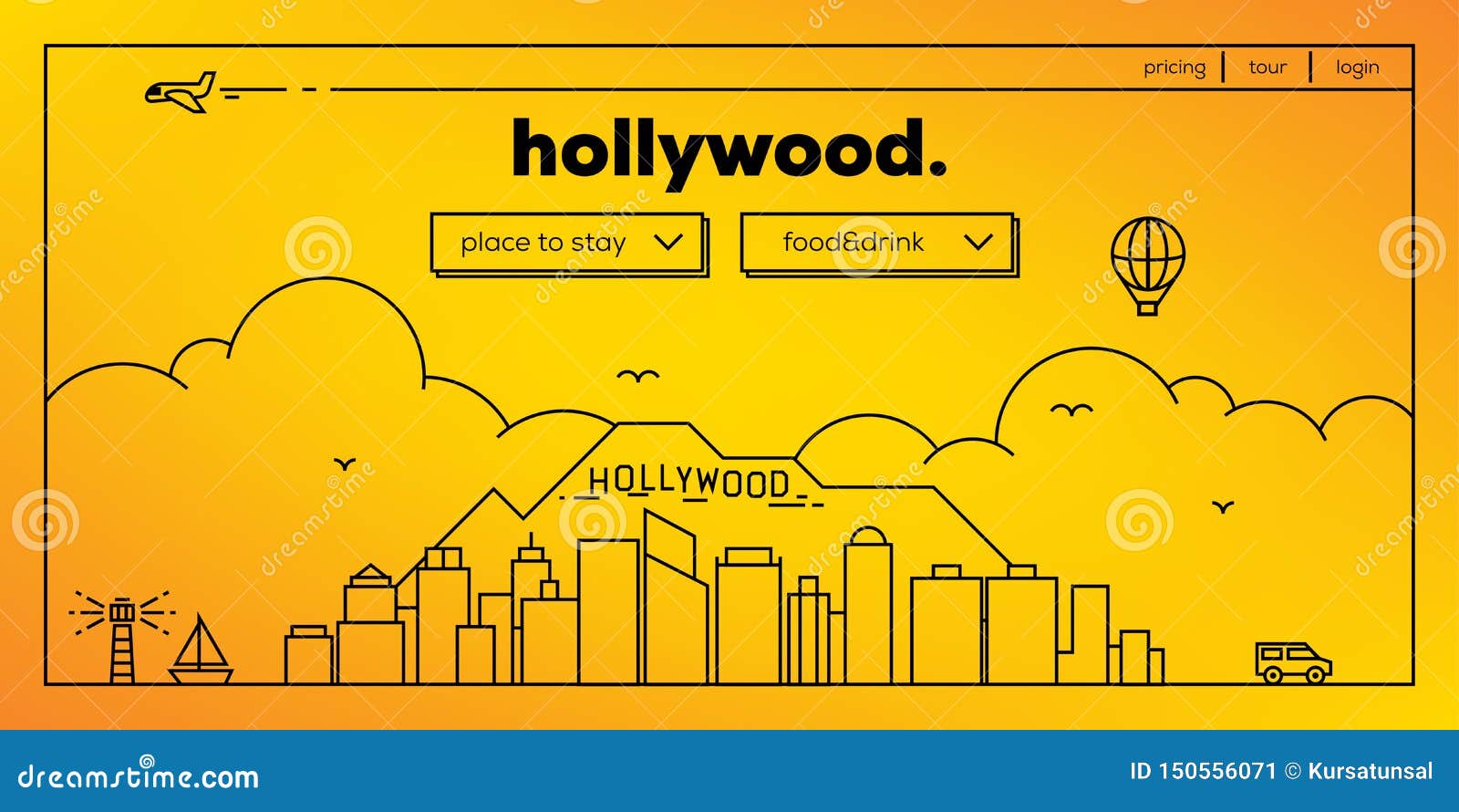 Hollywood Modern Web Banner Design with Vector Linear Skyline Stock ...