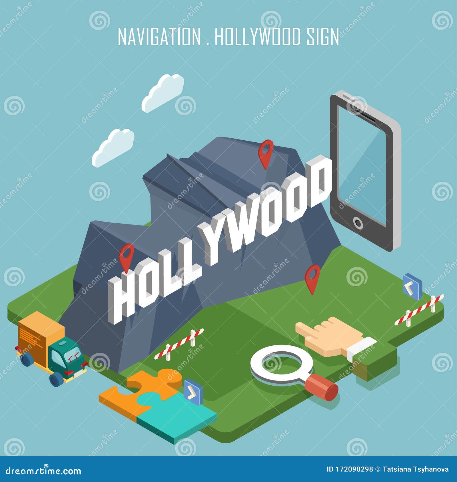 Colorful Vector Hollywood Sign in Isometry. Navigation Concept. Modern ...