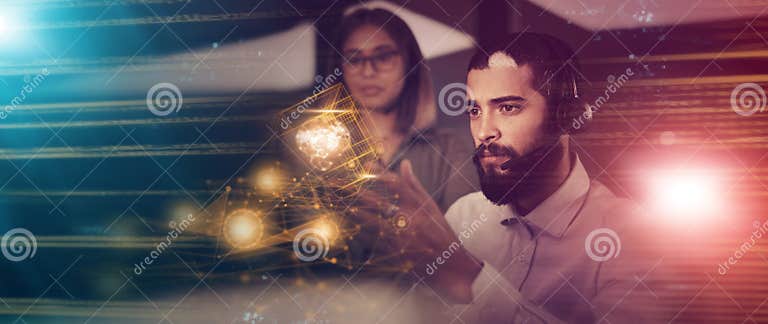 Hologram, Call Center and Business People at Night Working on Software, Database and Networking ...