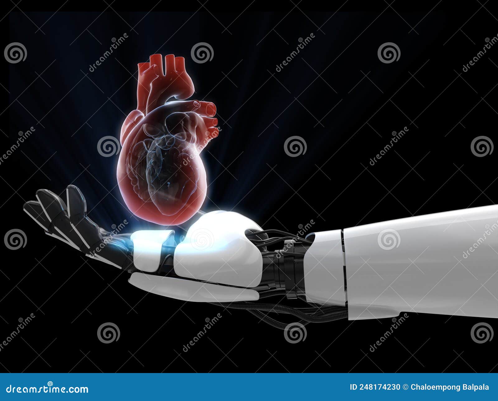 Hologram 3D of Human Heart on Robot Hand. 3D Rendering Stock ...