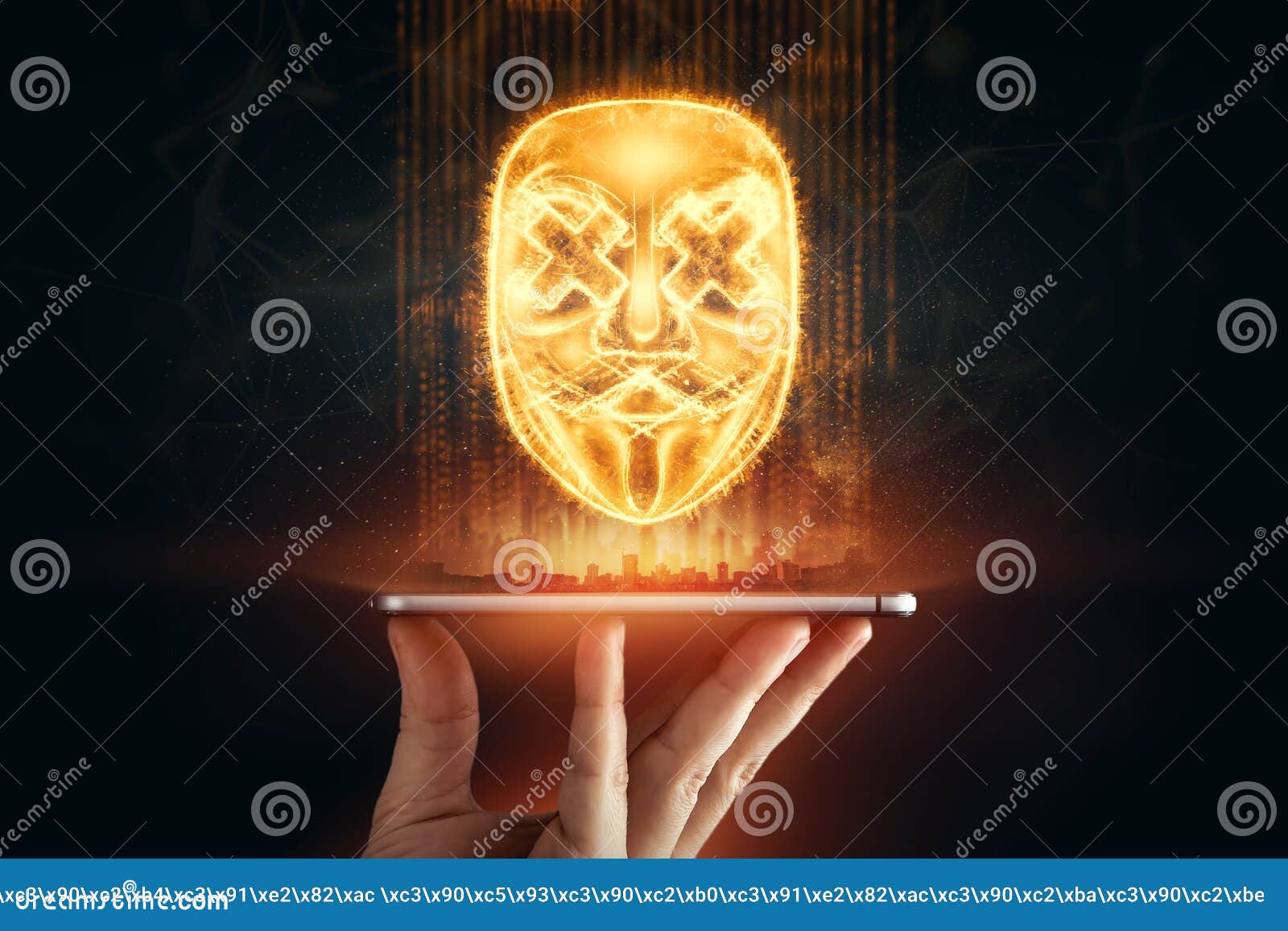 Hologram Digital Mask of a Hacker on a Tablet, Hacking Electronic ...